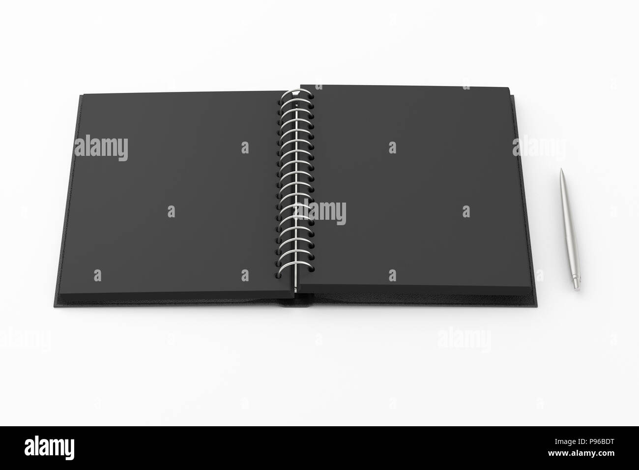 Blank black facing pages of notebook on a spring with leather cover and ...
