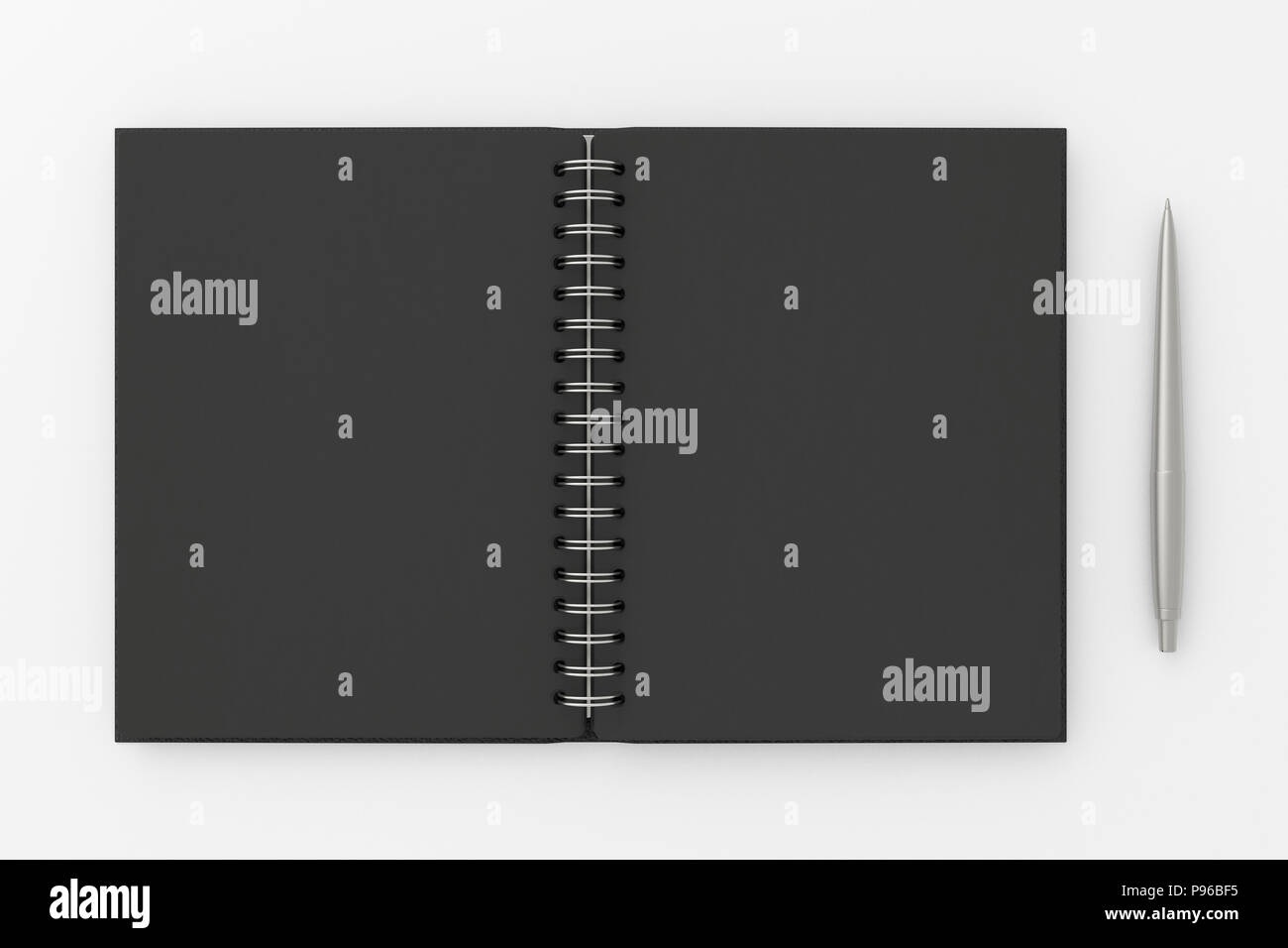 Blank black facing pages of notebook on a spring with leather cover and ...