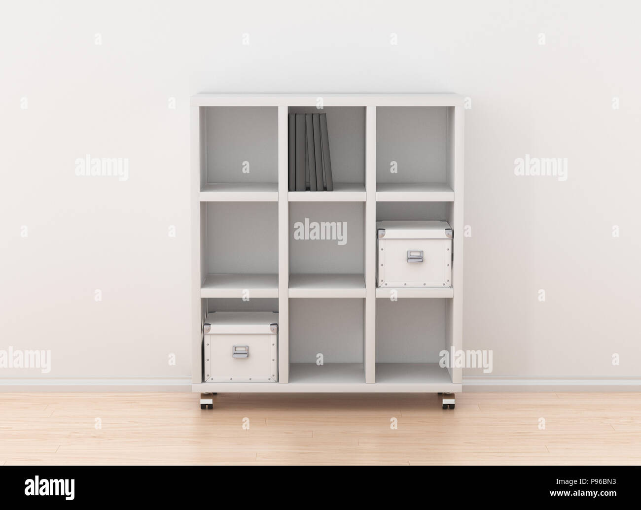 White book rack isolated against the white wall in bright interior. 3d ...