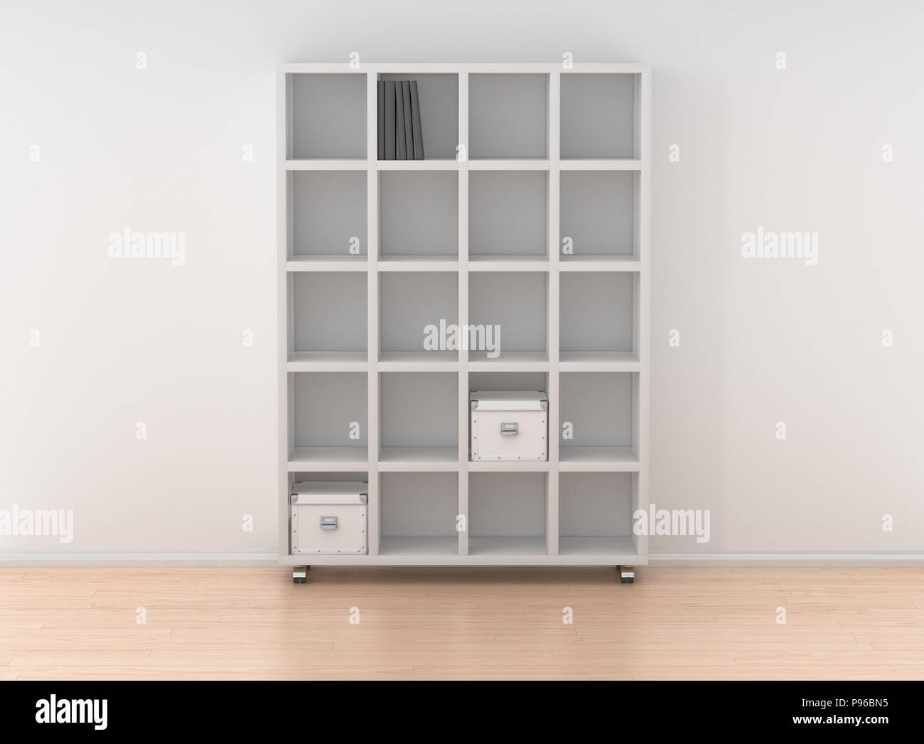 White book rack isolated against the white wall in bright interior. 3d ...
