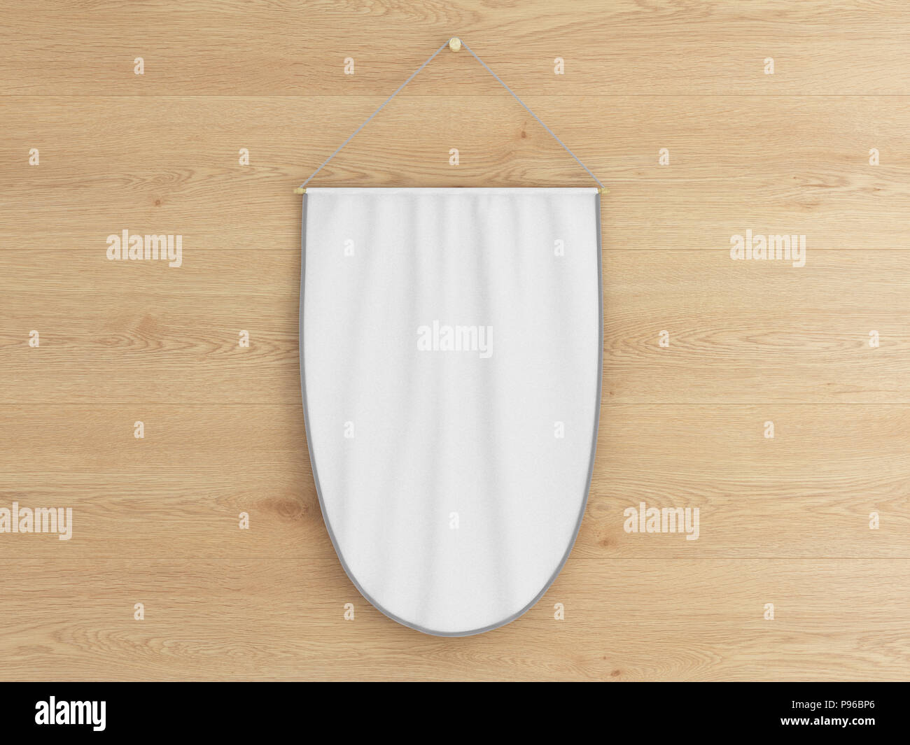White pennant (pennon or pendant) hanging on a wooden wall. Include ...