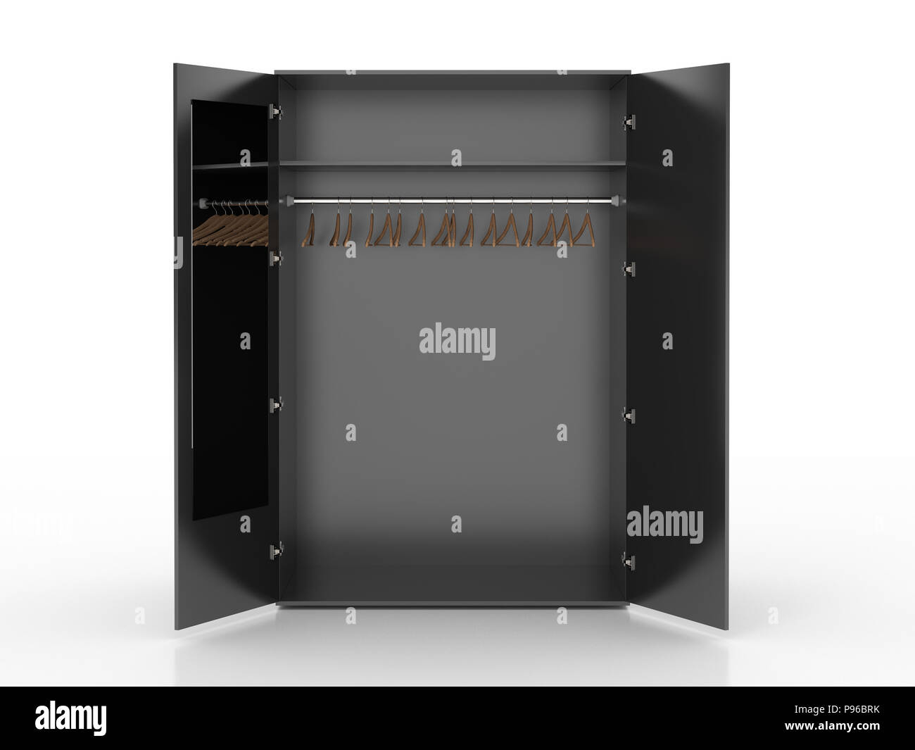 Empty black wardrobe and hangers isolated on white background. Include ...