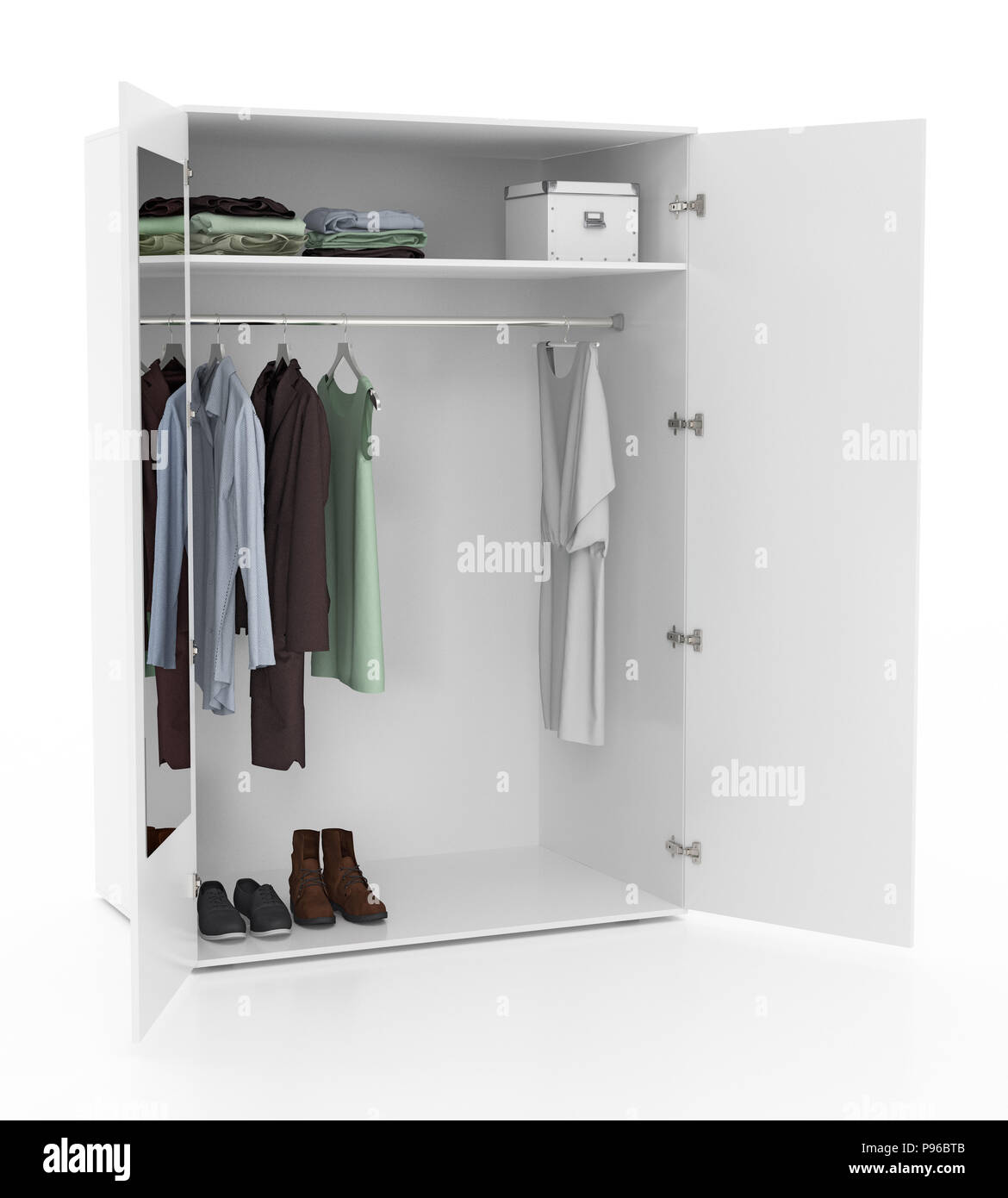 Open white wardrobe isolated with mirror on white background. Include ...