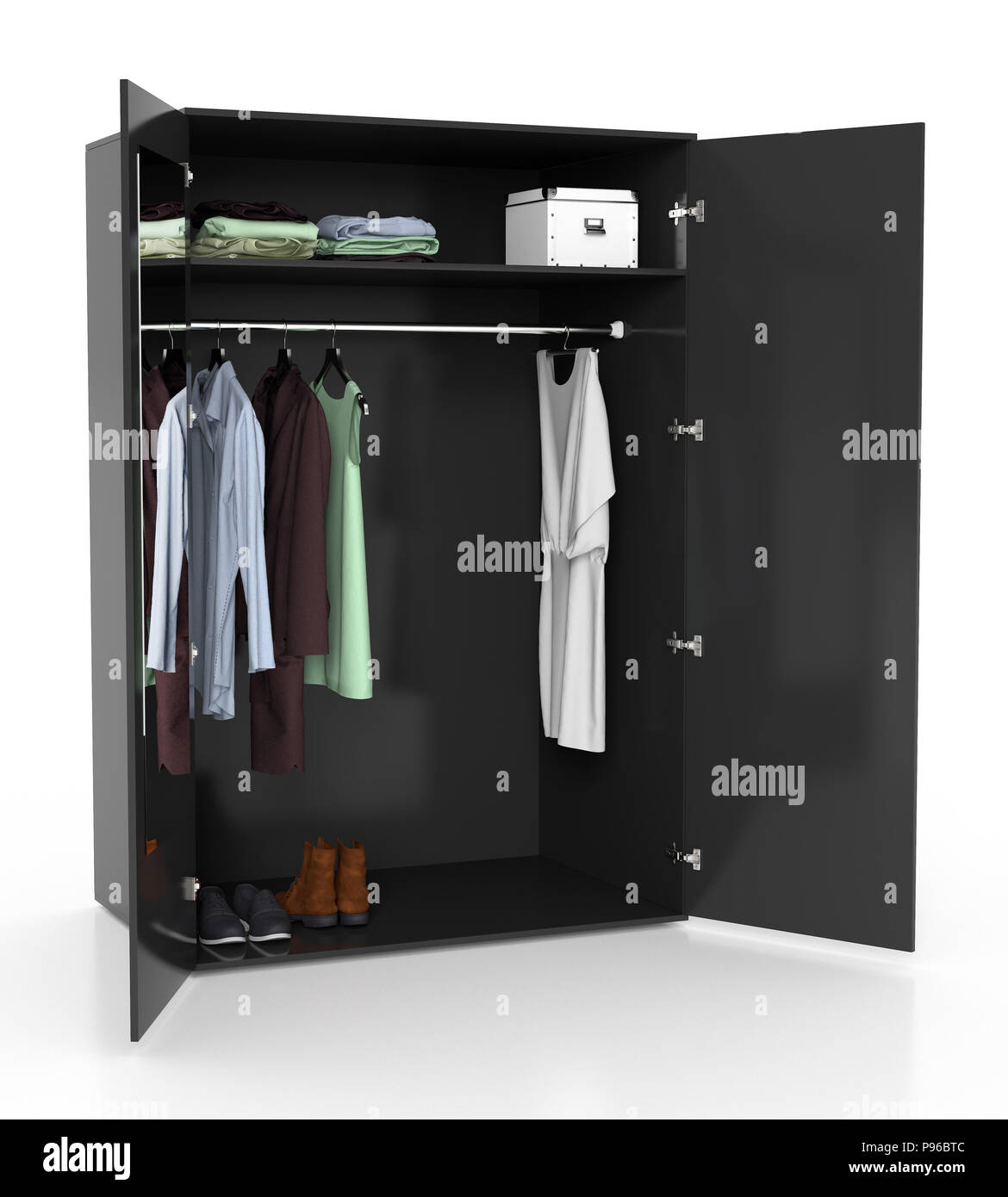 Open black wardrobe isolated with mirror on white background. Include ...
