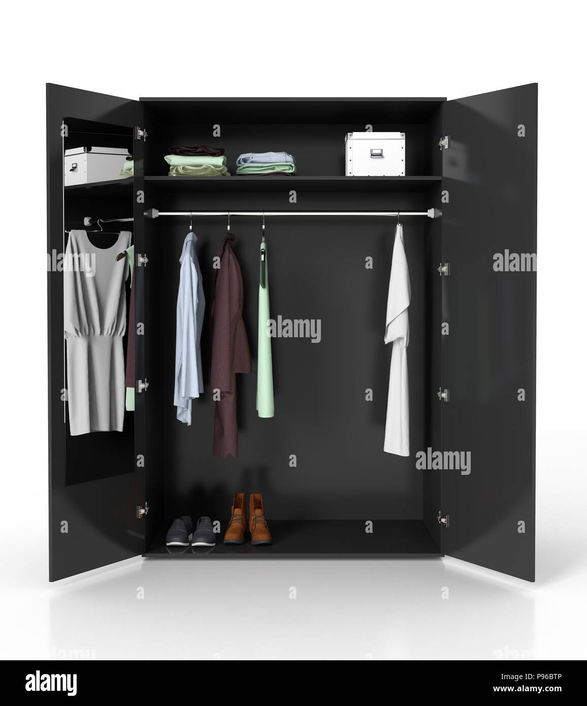 Open black wardrobe isolated with mirror on white background. Include ...