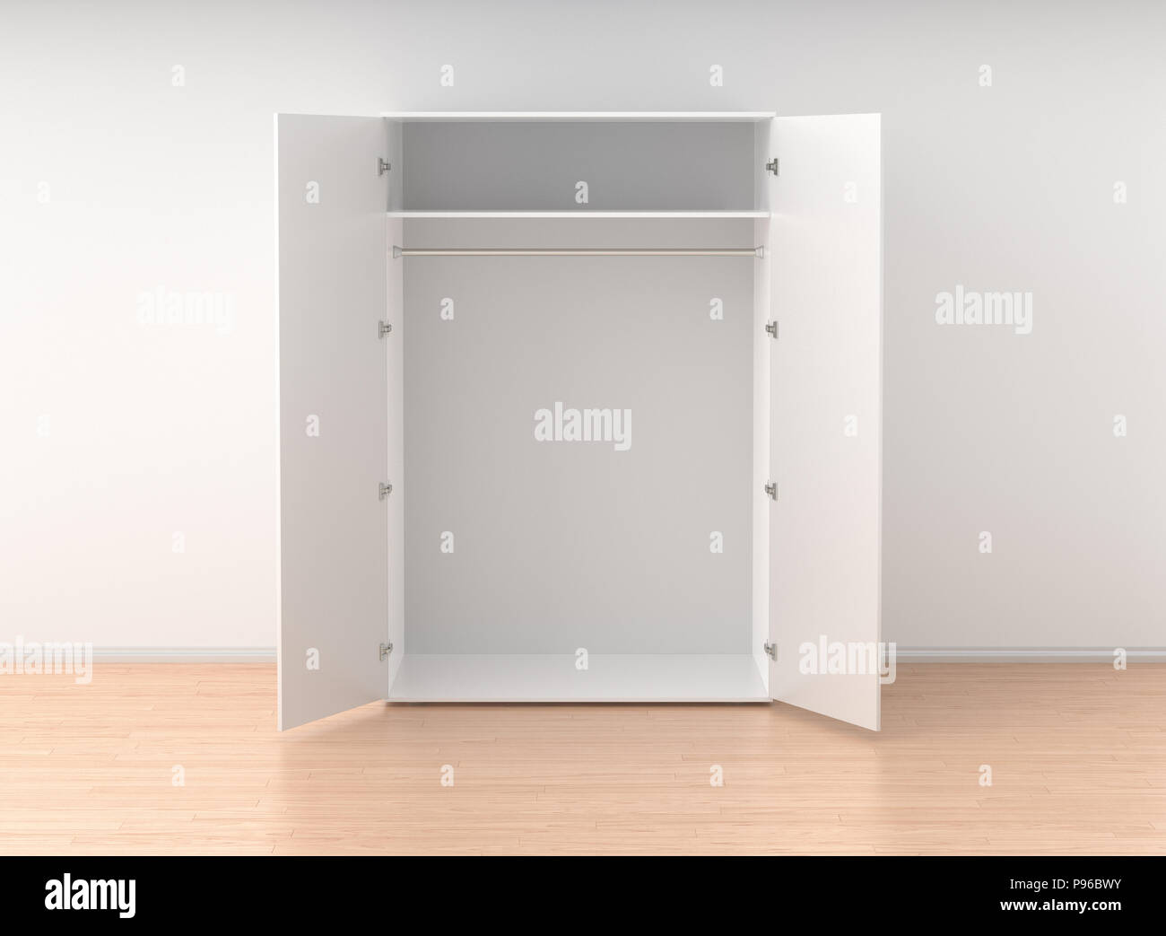 Empty open white wardrobe isolated against the white wall in bright ...