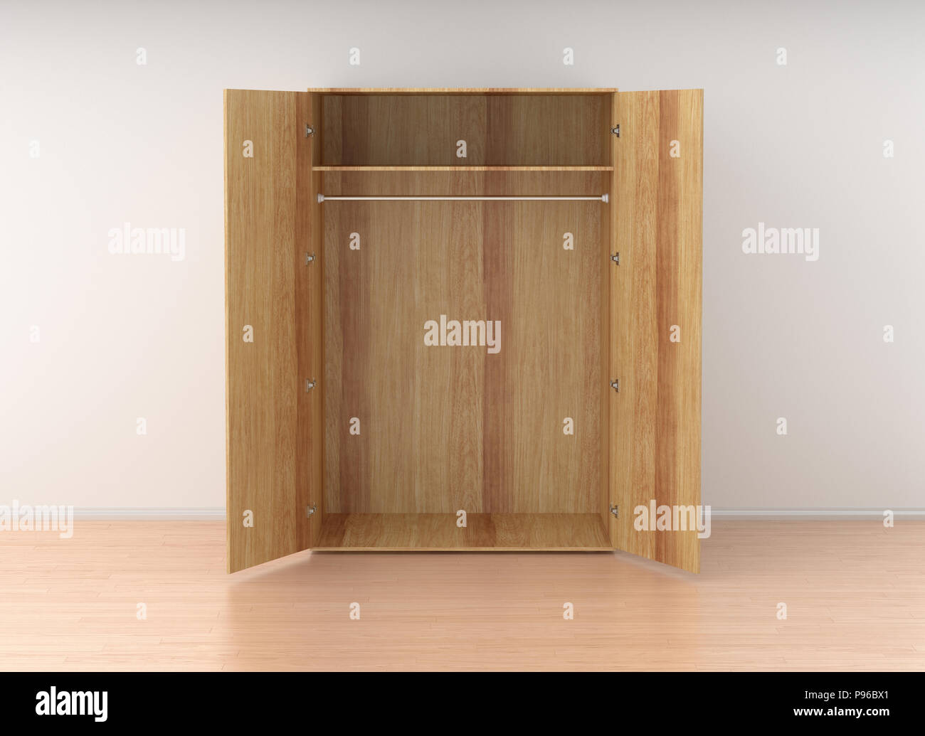 Empty open wooden wardrobe isolated against the white wall in bright ...