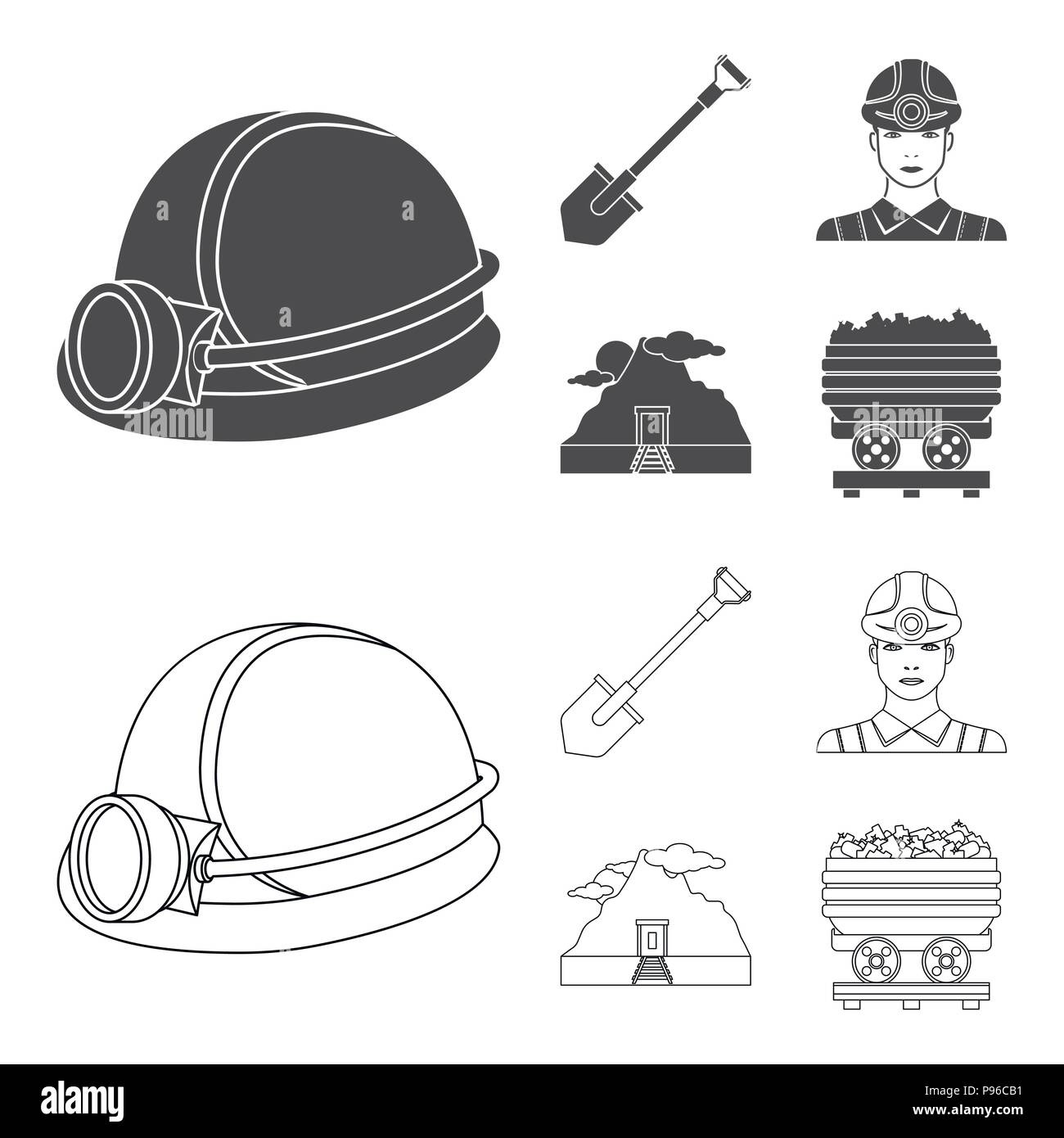 A shovel, a miner, an entrance to a mine, a trolley with coal.Mine set ...