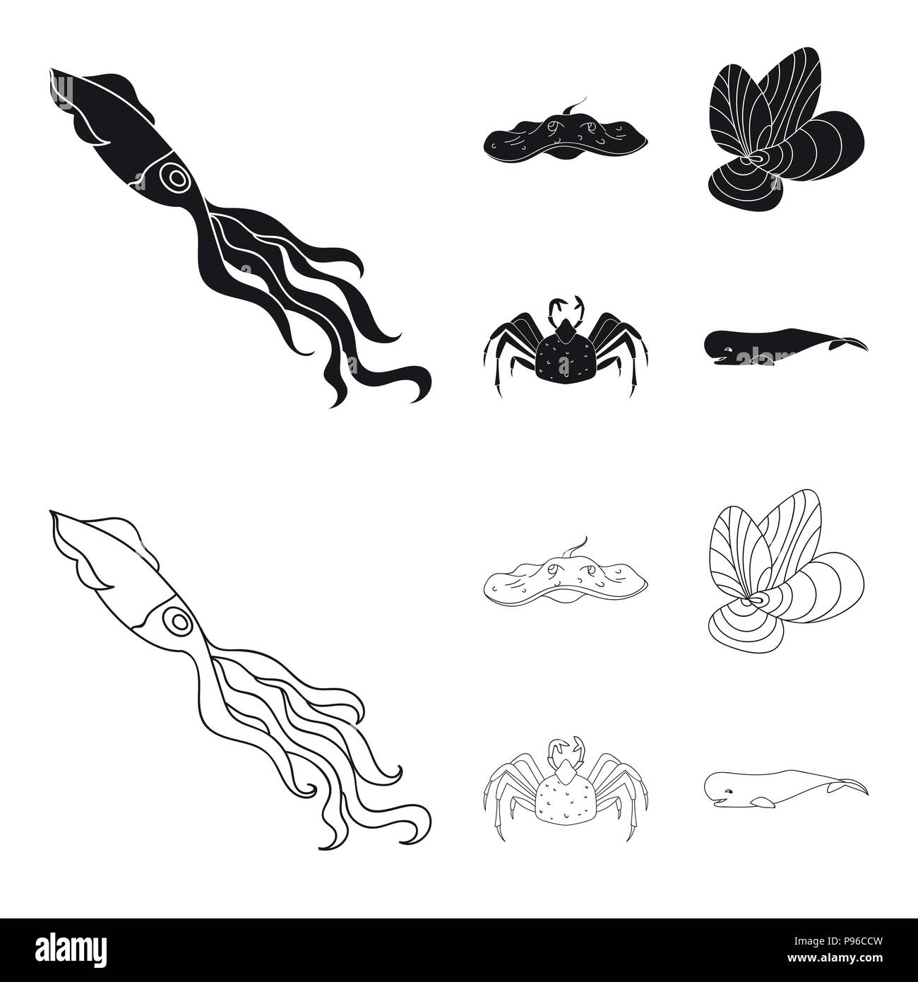 Electric ramp, mussels, crab, sperm whale.Sea animals set collection ...