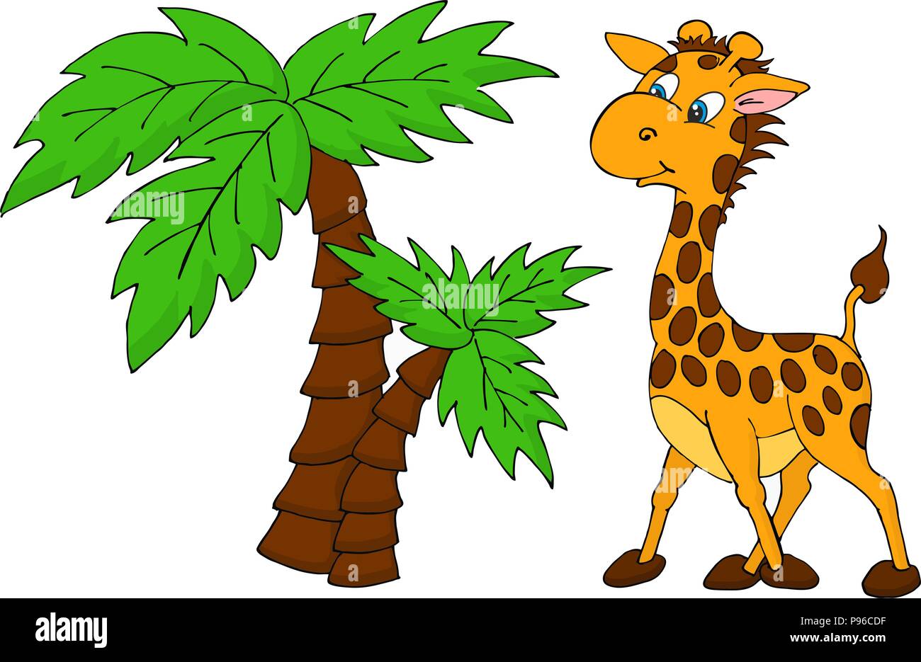 Cute Giraffe and palm tree. Raster illustration Stock Photo - Alamy