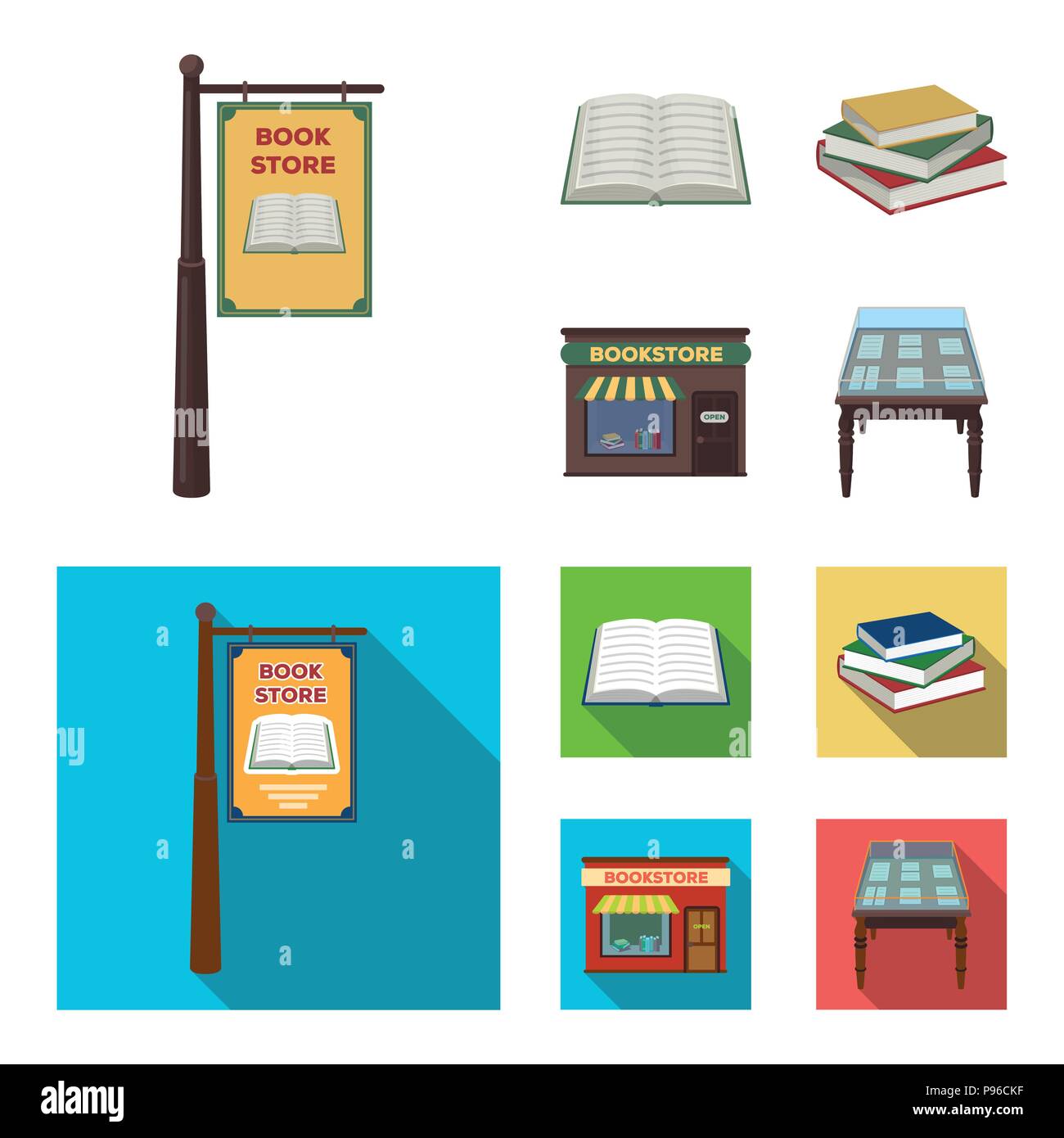 A signboard, a bookstore, a stack of books, an open book. A library and ...