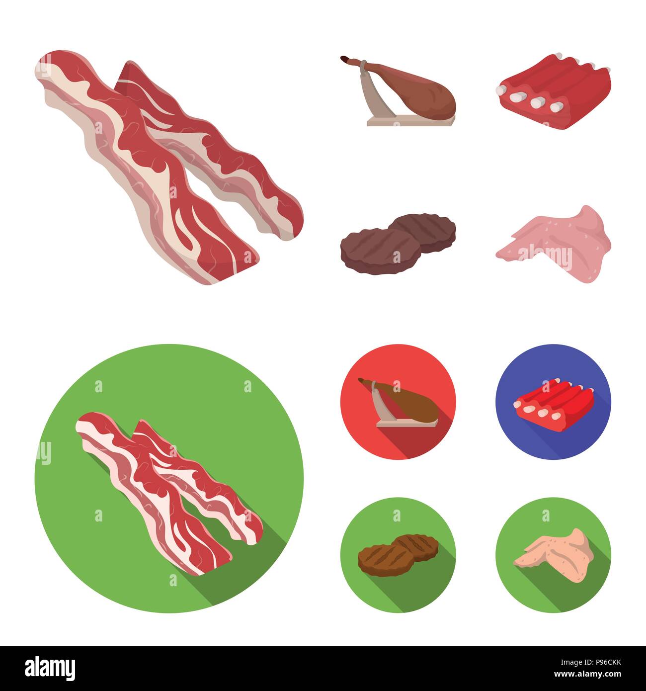Bacon, jamon, pork ribs, fried cutlets. Meat set collection icons in ...