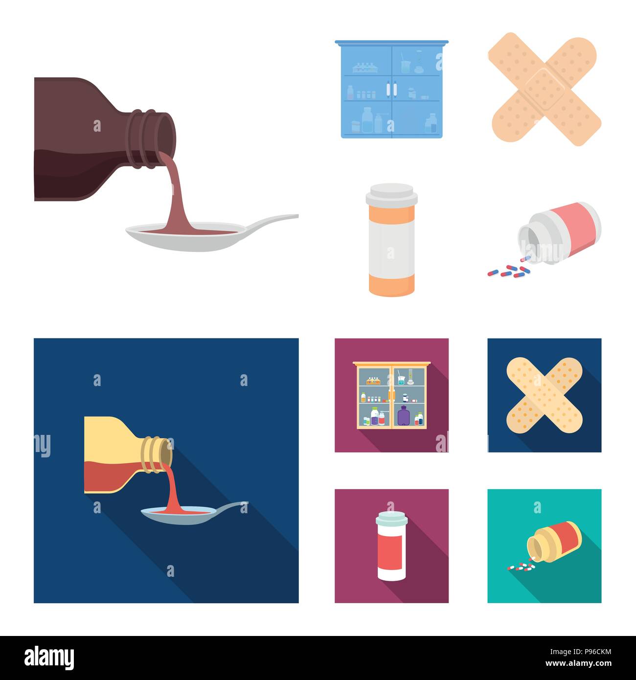 Syrup in a spoon, plaster, honey, medical cabinet.Medicine set ...