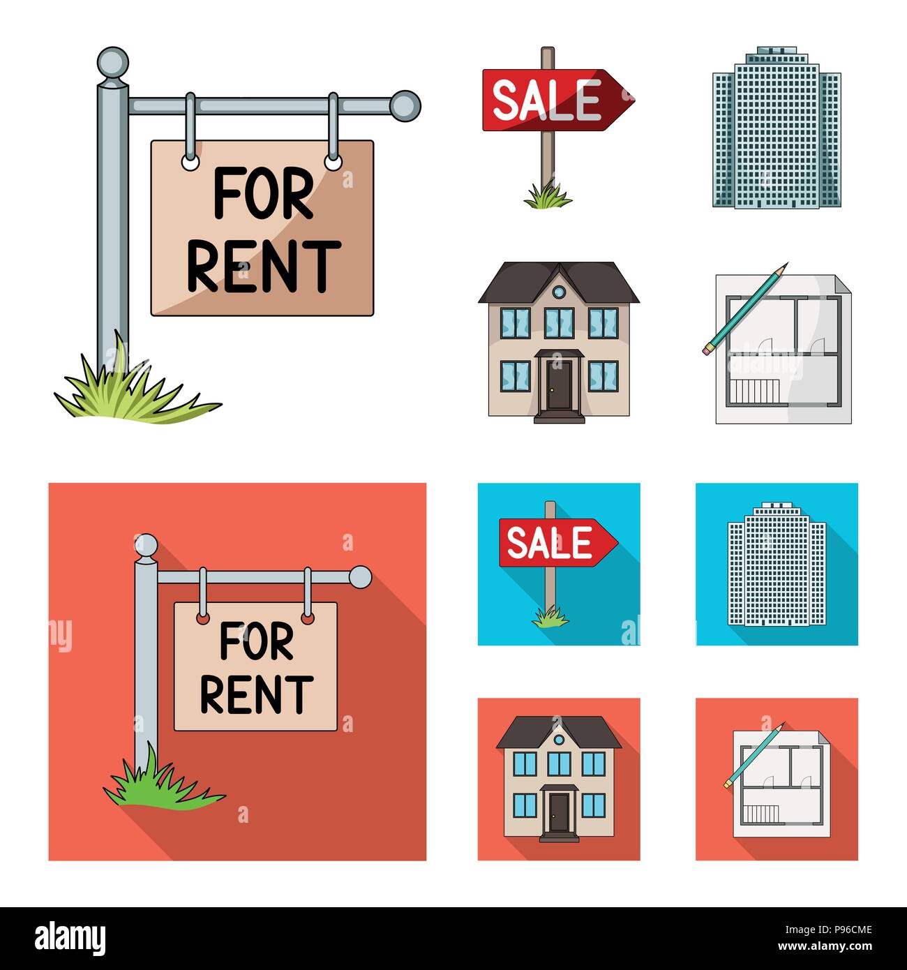 Signs of sale and rent, a skyscraper, a two-story cottage.Realtor set ...