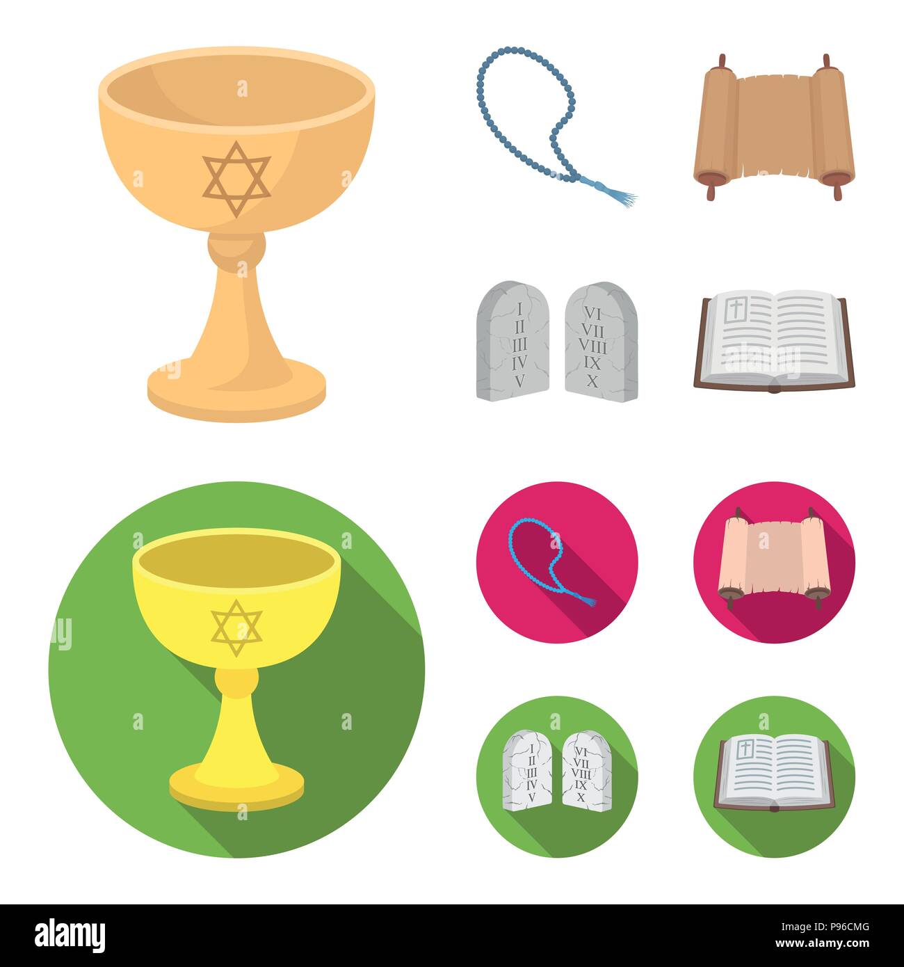 A cup of wine, Islamic beads, ten commandments, tanakh. Religion set ...