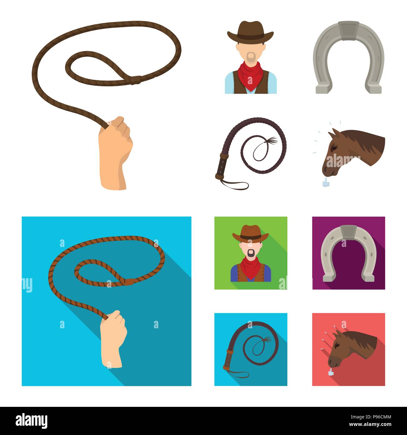 Hand lasso, cowboy, horseshoe, whip. Rodeo set collection icons in ...