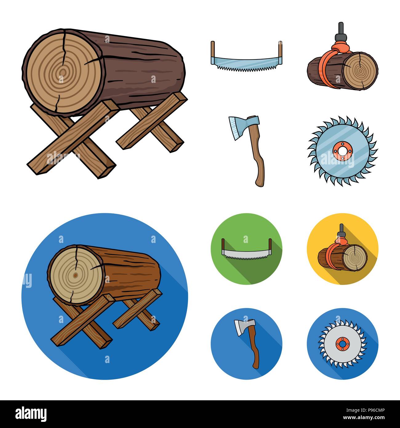 Log on supports, two-hand saw, ax, raising logs. Sawmill and timber set ...
