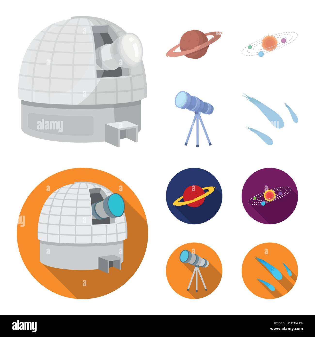 Observatory with radio telescope, planet Mars, Solar system with orbits ...