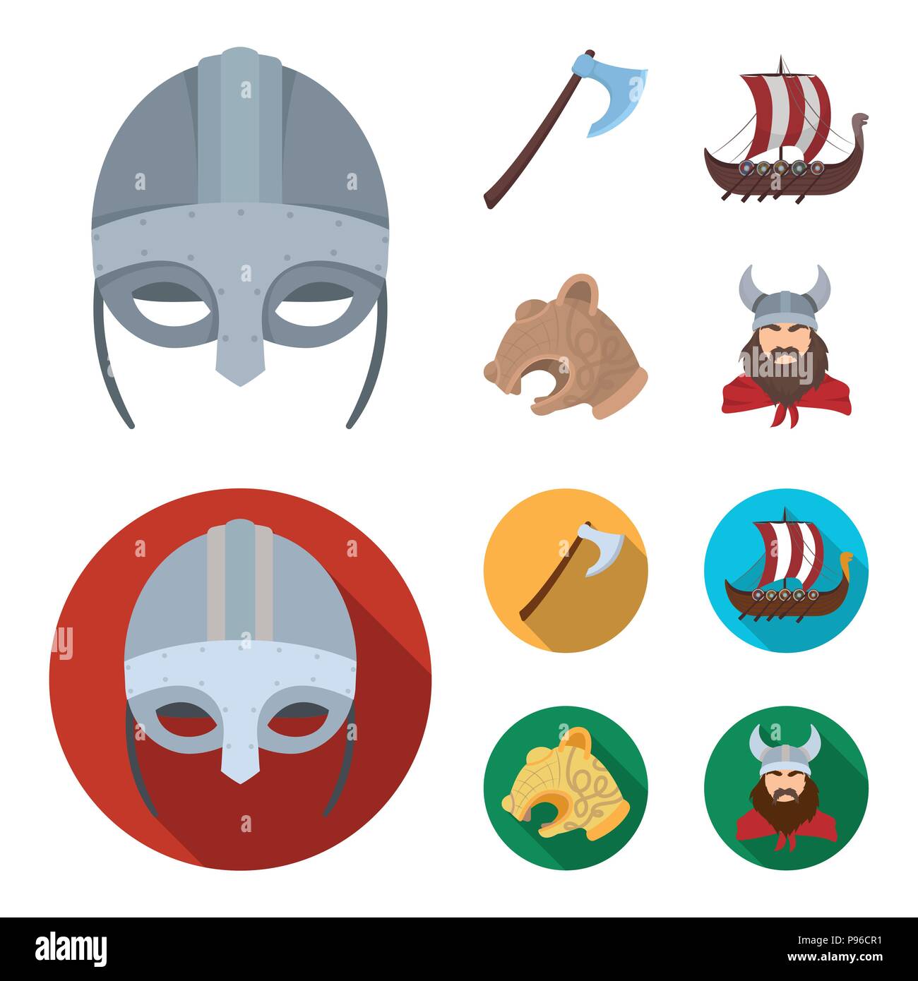 Viking helmet, battle ax, rook on oars with shields, dragon, treasure ...