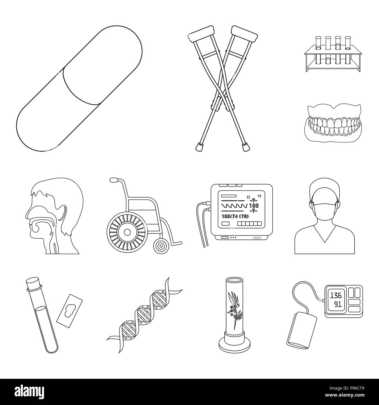 Medicine and treatment outline icons in set collection for design ...