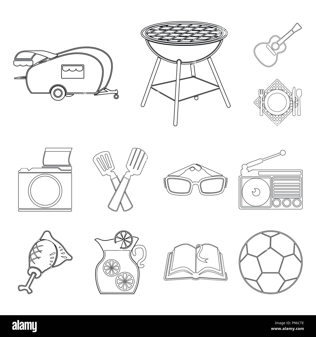 Picnic and equipment outline icons in set collection for design. Picnic ...