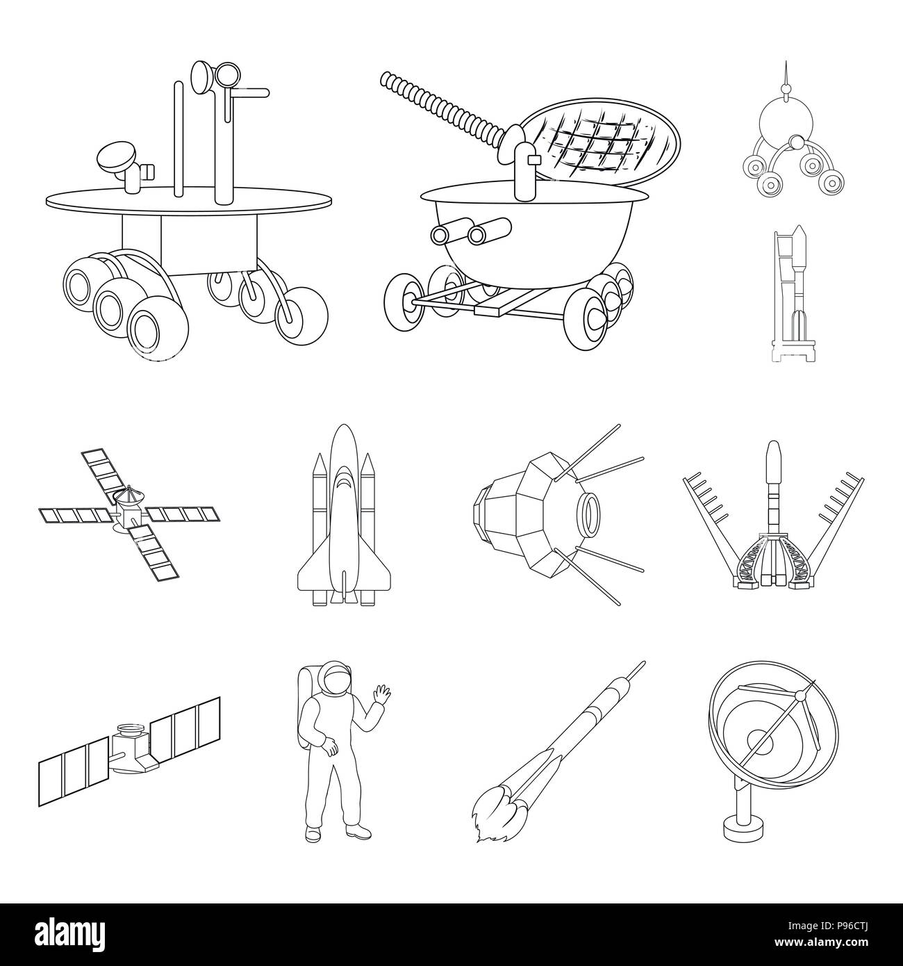 Space technology outline icons in set collection for design.Spacecraft ...