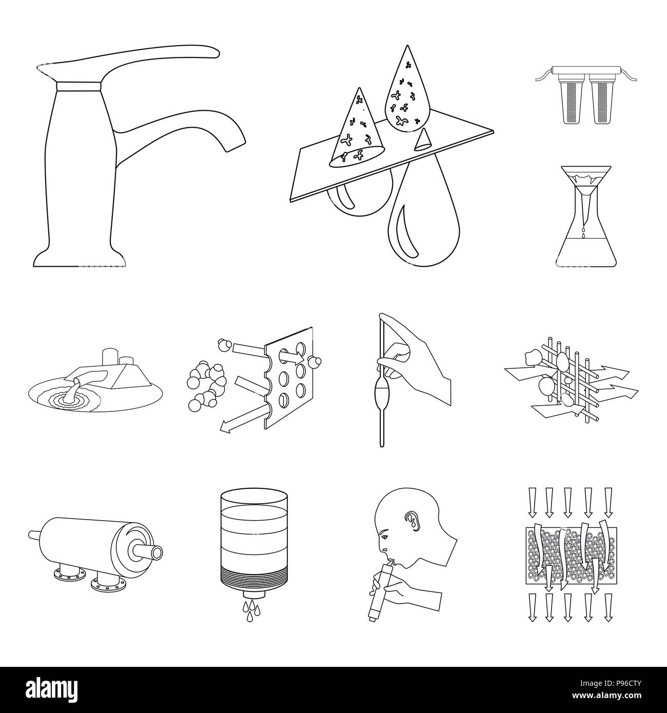 Water filtration system outline icons in set collection for design ...