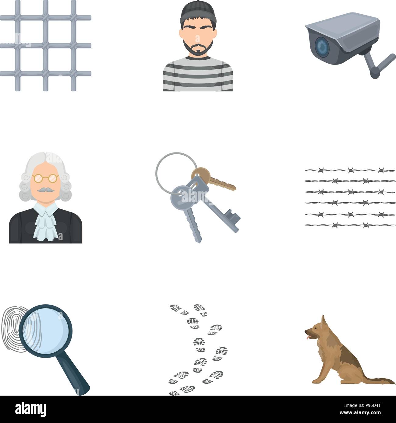 Set of images about the prison and prisoners. Surveillance of thieves ...