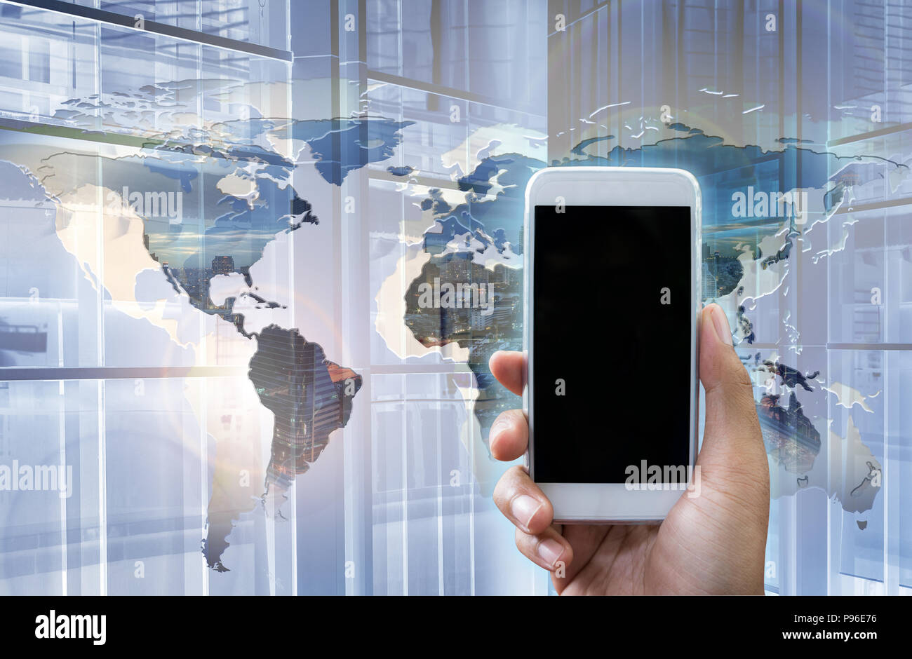 Double exposure of hand shows white smartphone in vertical position on ...