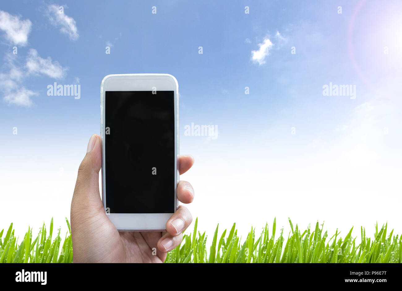 Man's hand shows mobile smart phone in vertical position and Nature ...