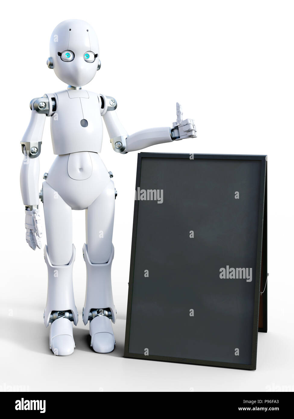 3D rendering of a white friendly cartoon robot standing next to a blank ...