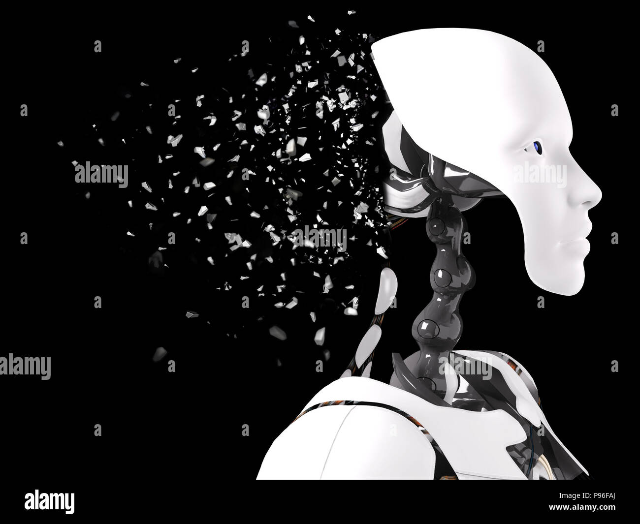 3D rendering of the head of a female robot. The head is breaking apart ...