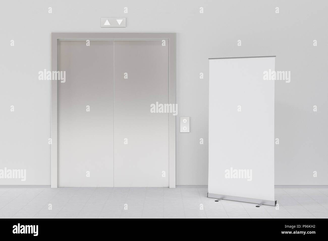 Elevator with closed doors and blank roll-up banner in the modern ...
