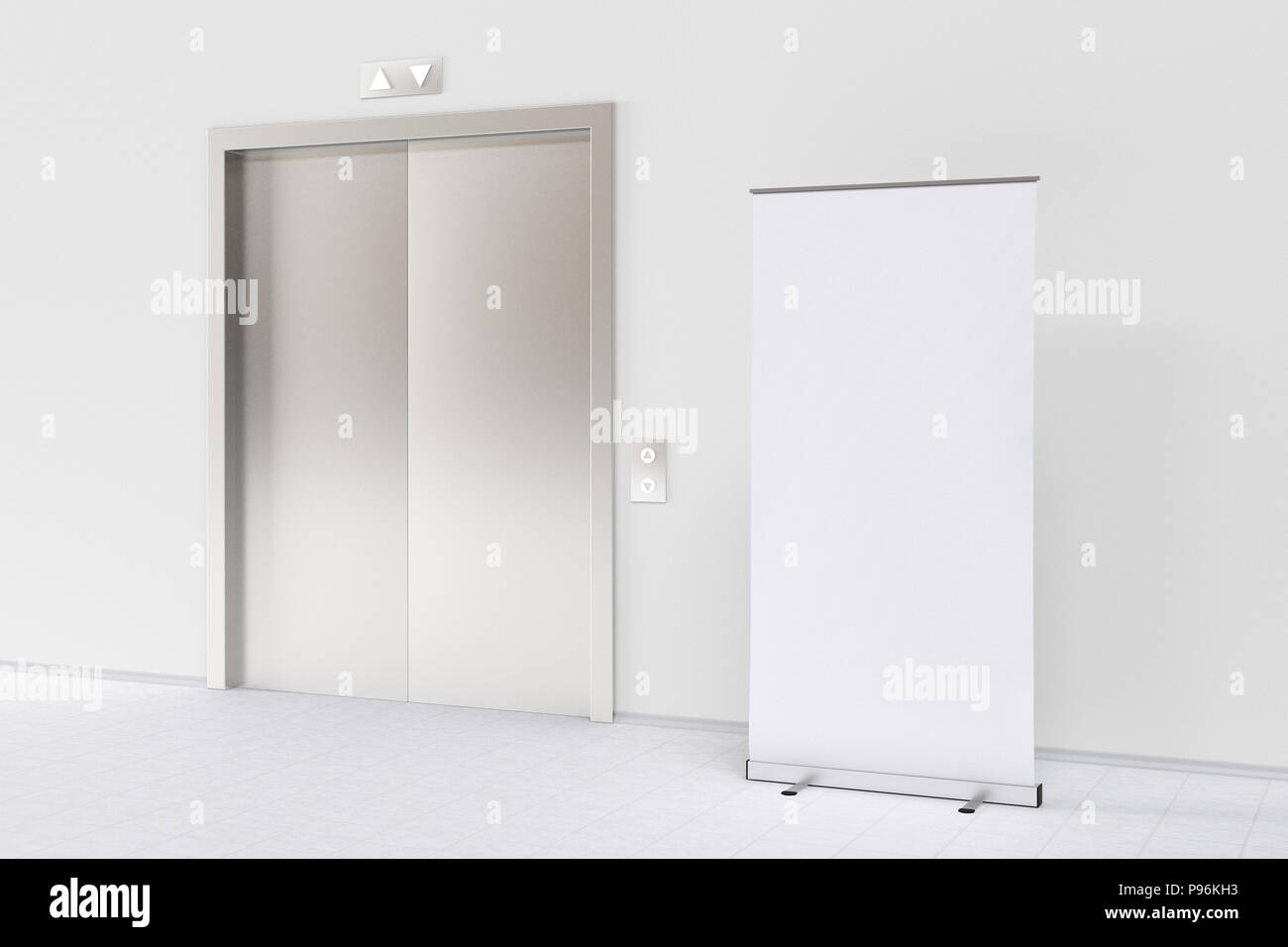 Elevator with closed doors and blank roll-up banner in the modern ...