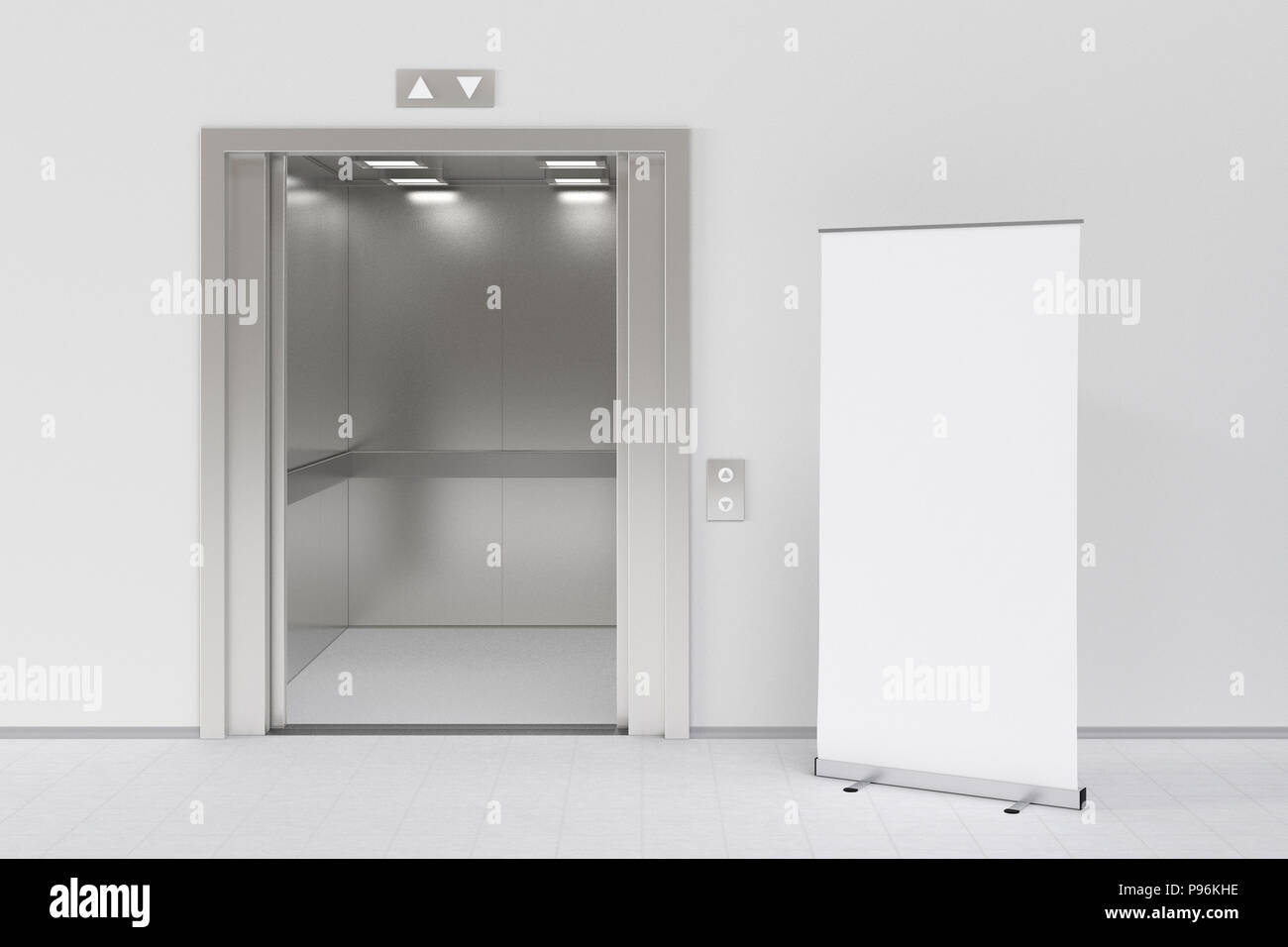 Elevator with open doors and blank roll-up banner in the modern office ...