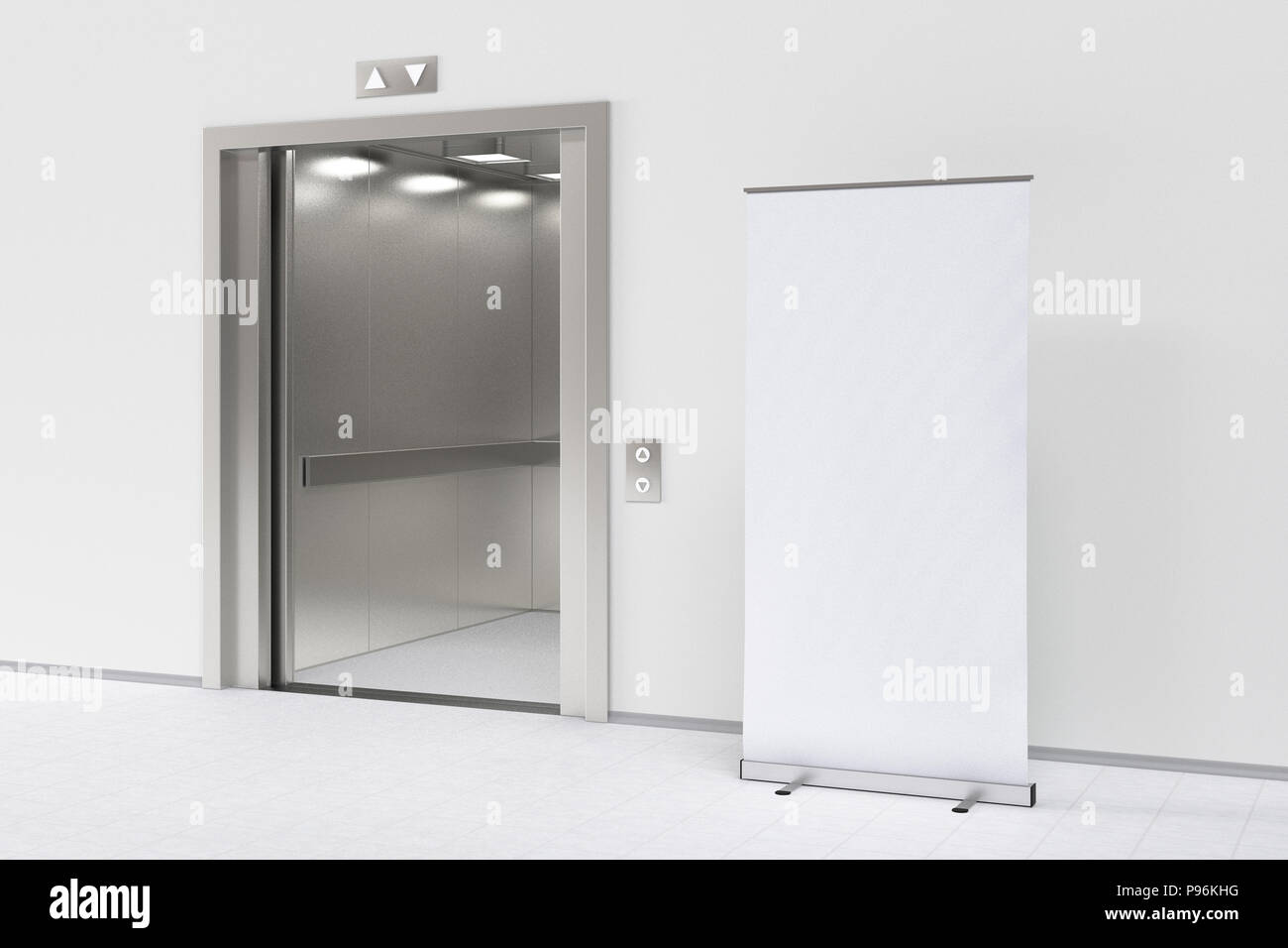 Elevator with open doors and blank roll-up banner in the modern office ...