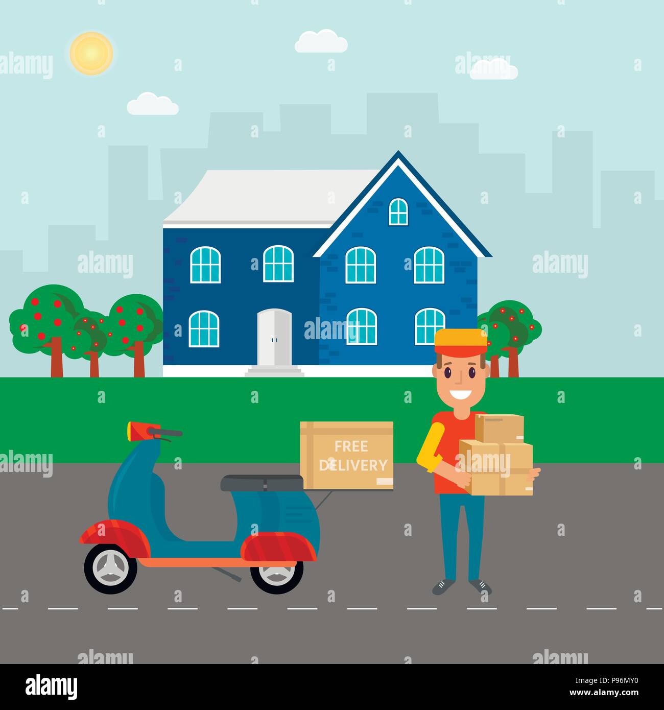 Logistics and delivery service concept: motorbike, smiling couriers ...