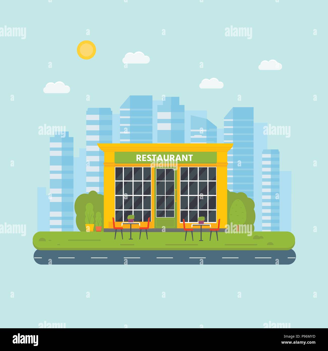 Vector flat design restaurant exterior, shop facade Store front window ...