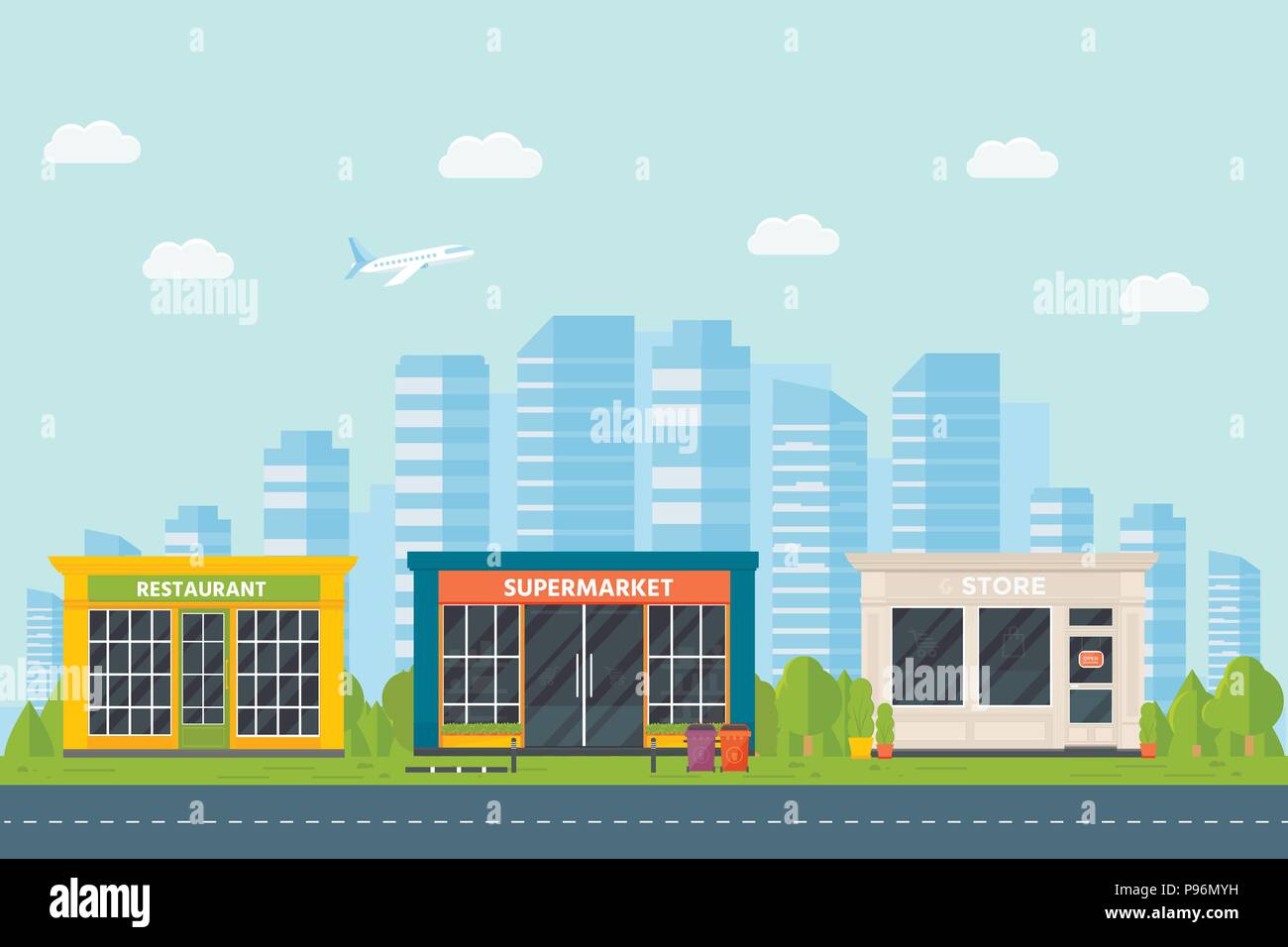 Set of vector flat design restaurants exterior and shops facade: book ...