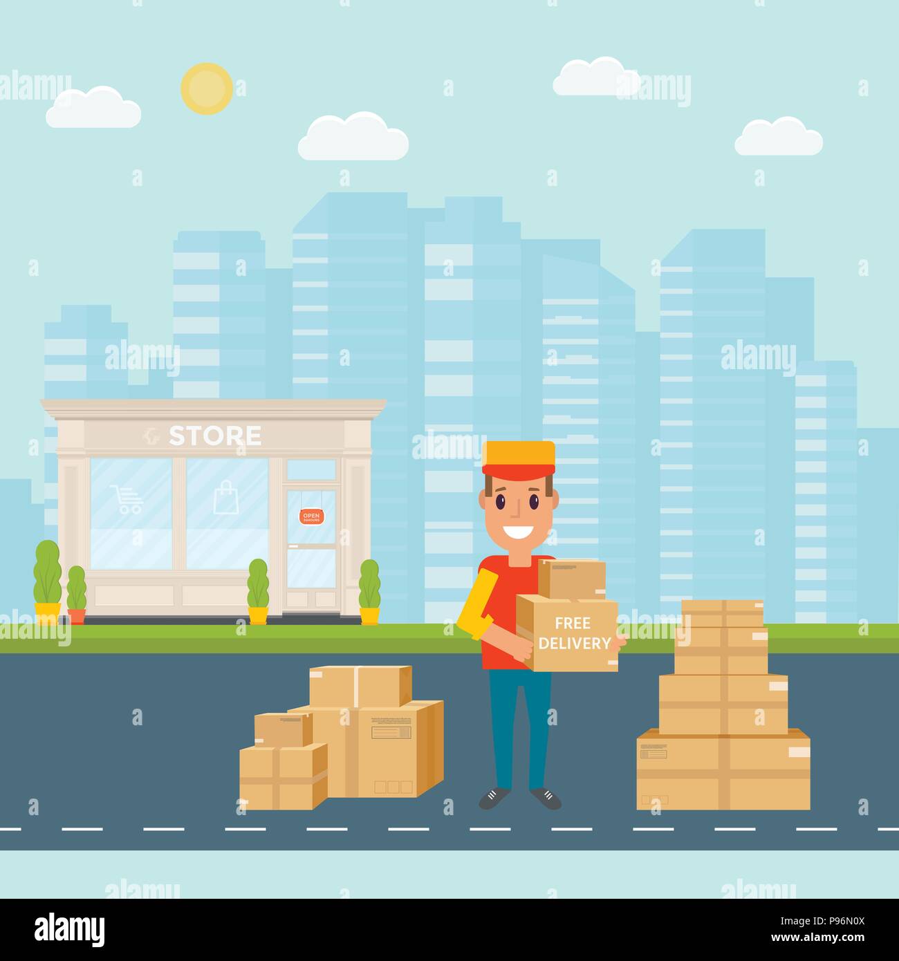 Logistics and delivery service concept: smiling couriers with packages ...