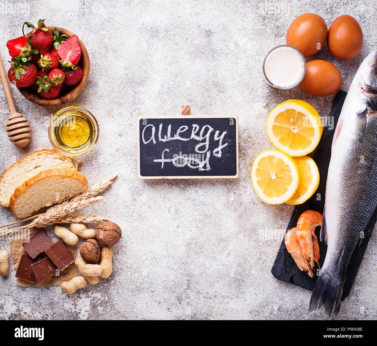 Allergy food concept. Assorted of allergic products Stock Photo - Alamy