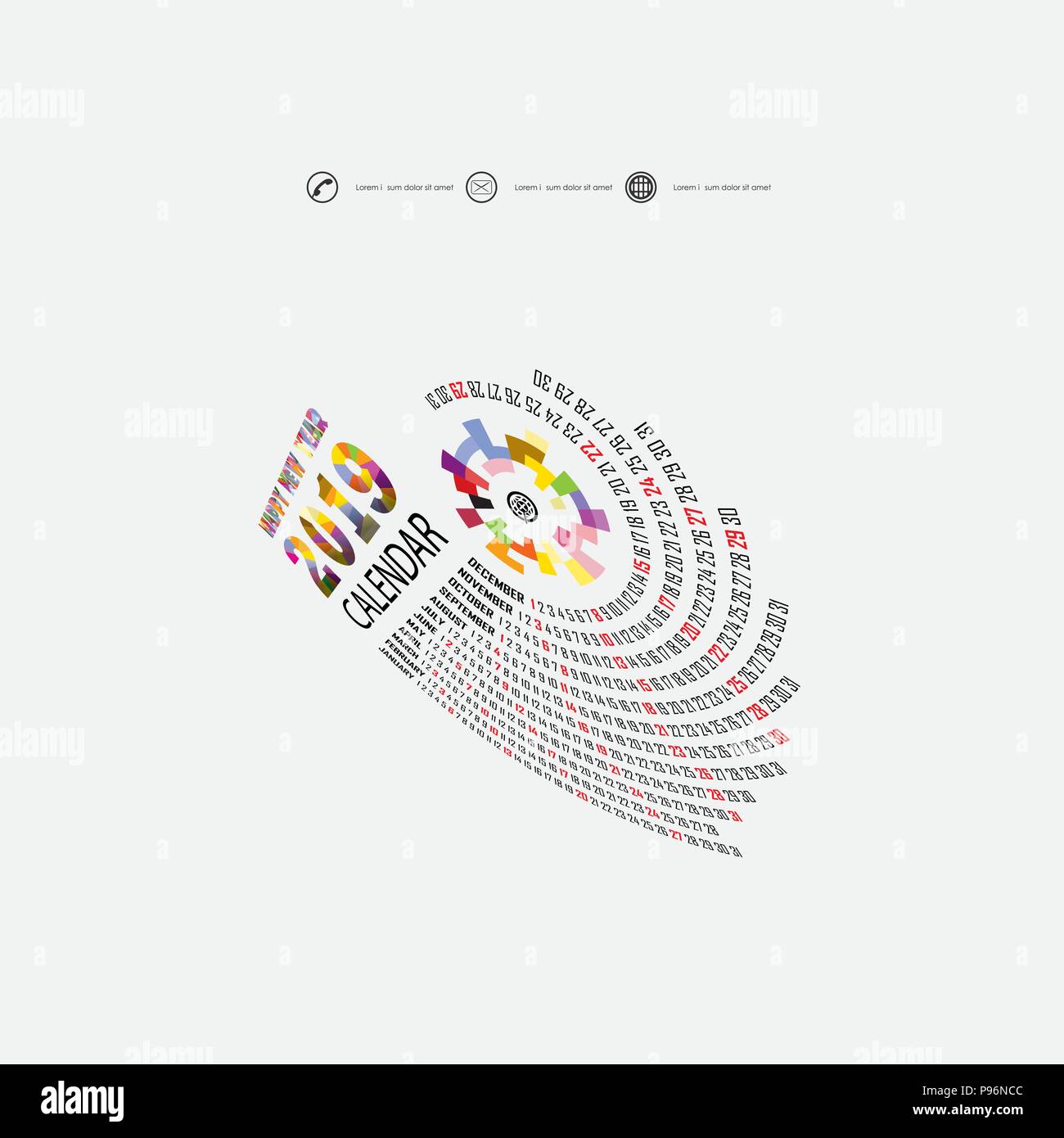 2019 Calendar Template.Spiral calendar.Calendar 2019 Set of 12 Months ...