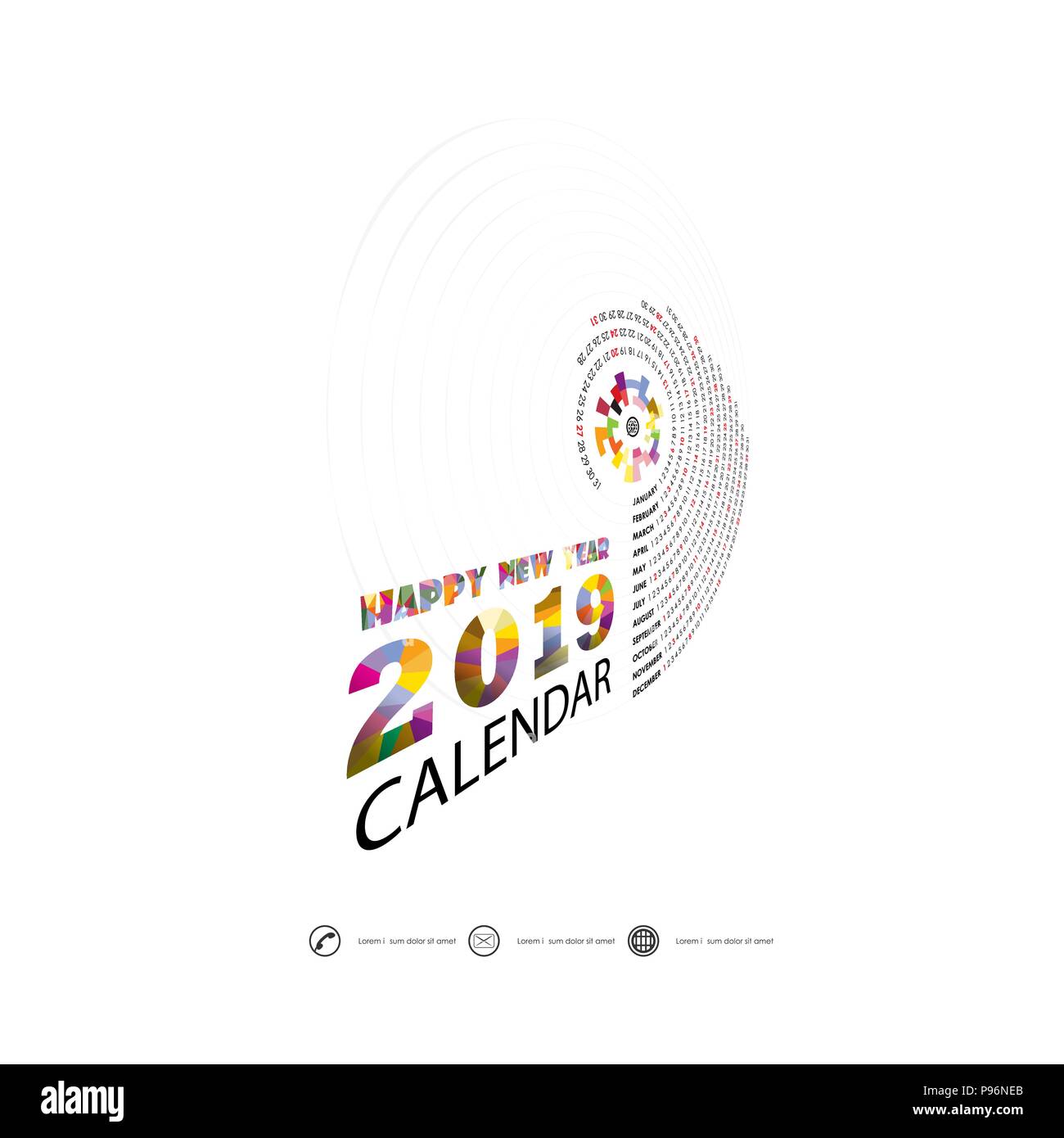 2019 Calendar Template.Spiral calendar.Calendar 2019 Set of 12 Months ...