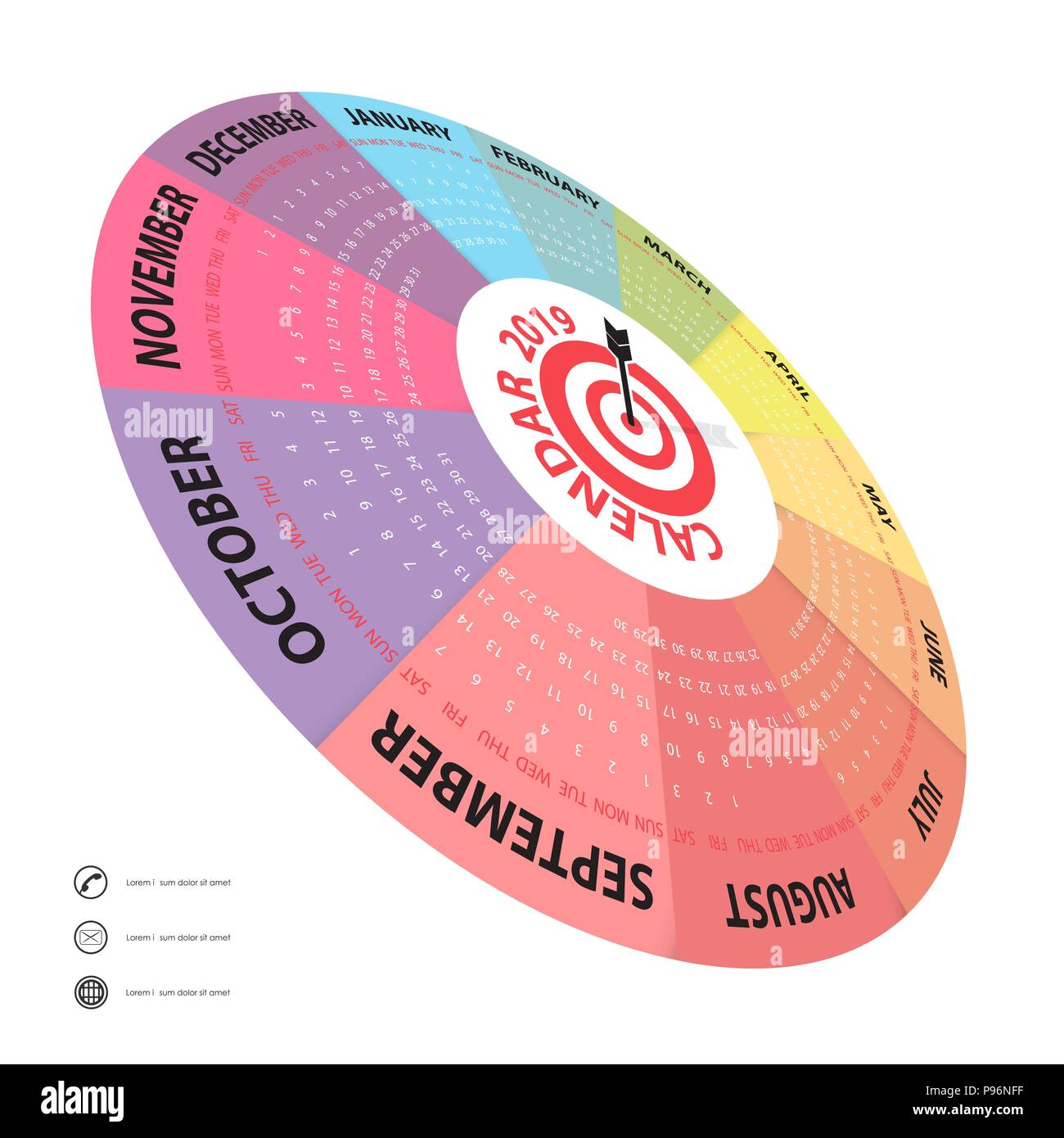2019 Calendar Template.Circle calendar template.Calendar 2019 Set of 12 ...
