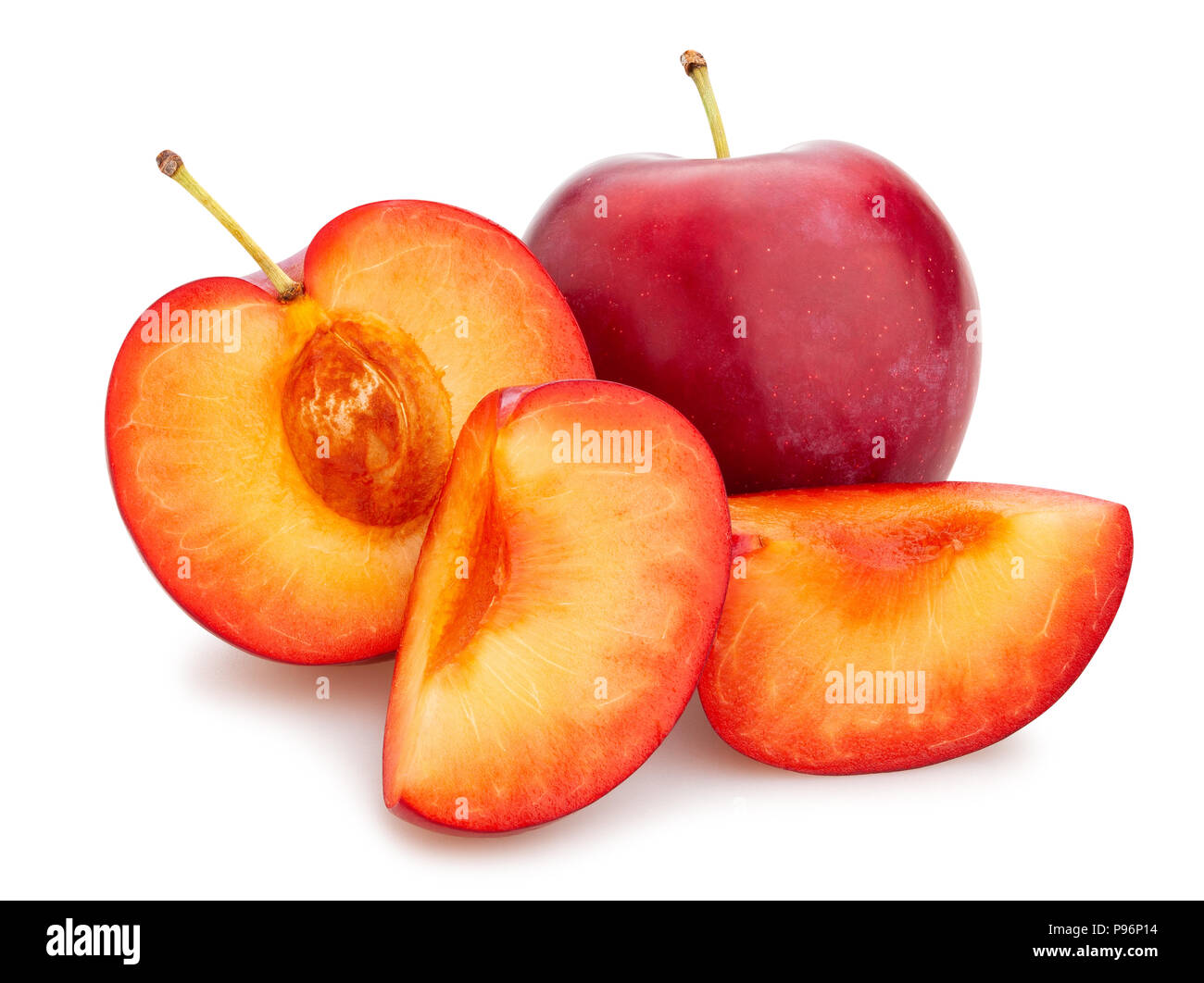 sliced red plum path isolated Stock Photo - Alamy