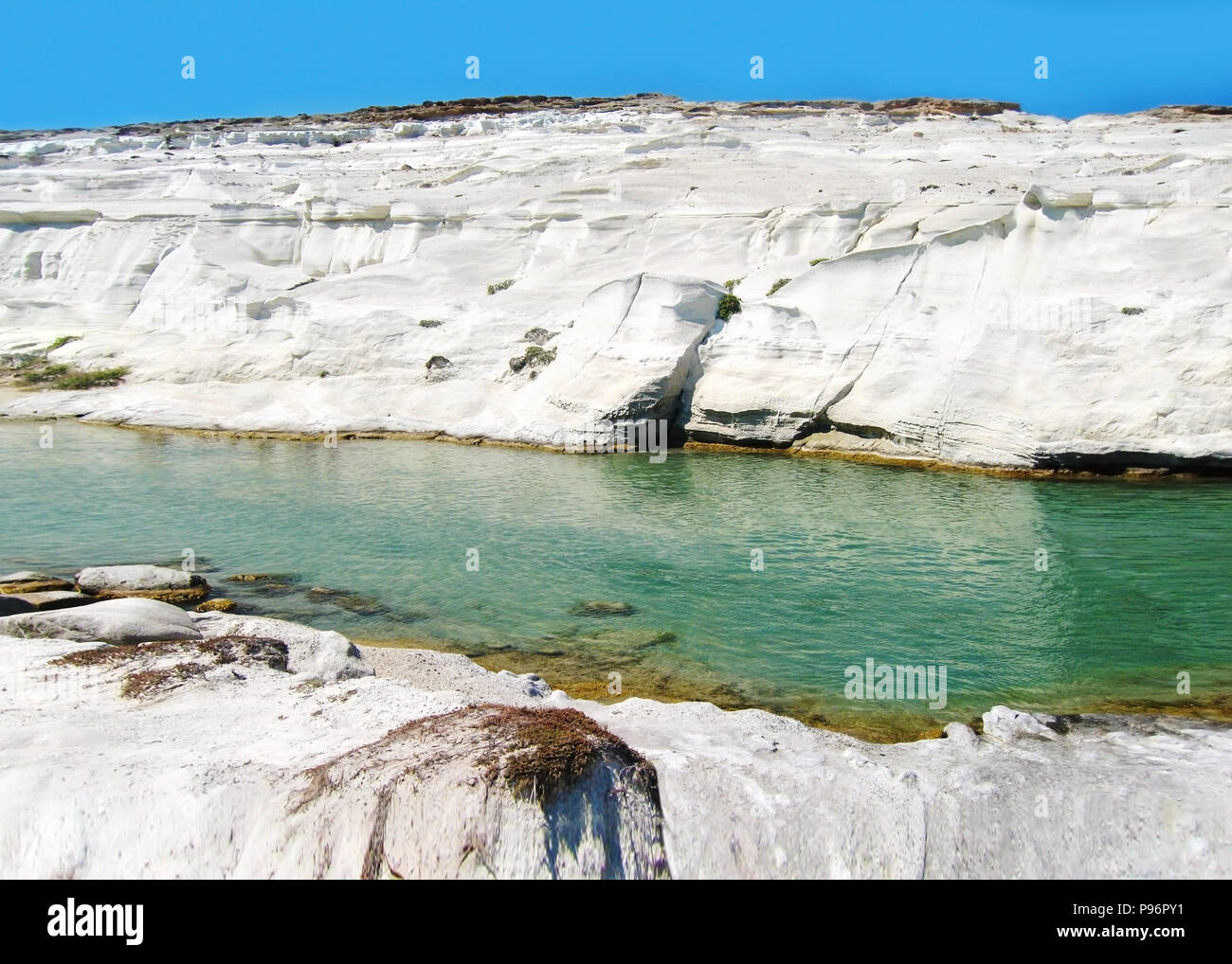 landscape of Sarakiniko beach Milos island Greece with the famous white ...