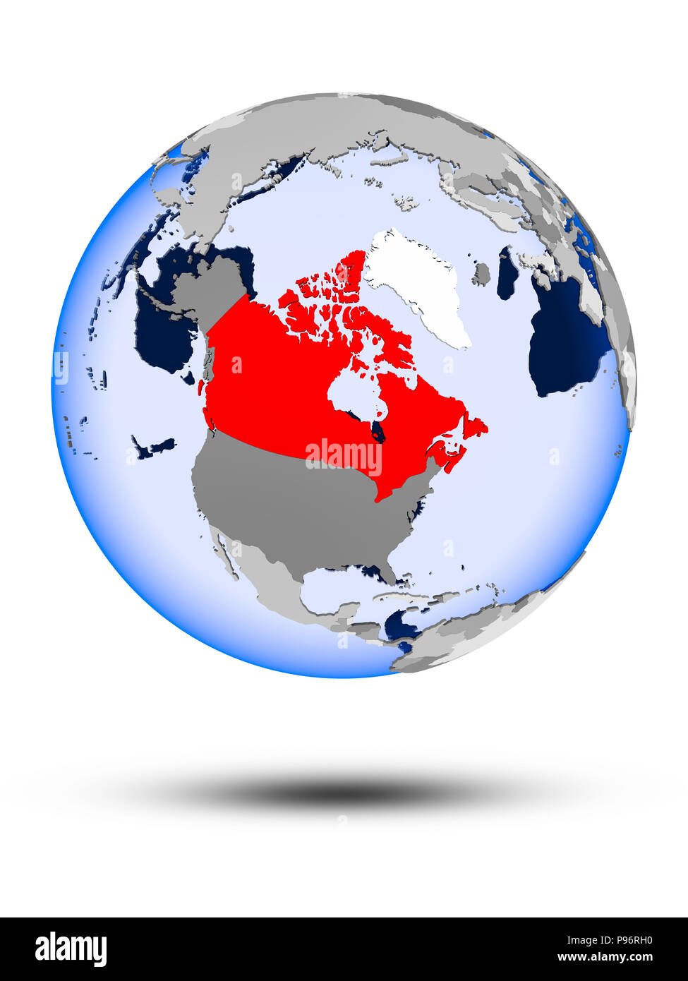 Canada on political globe with shadow and translucent oceans isolated ...