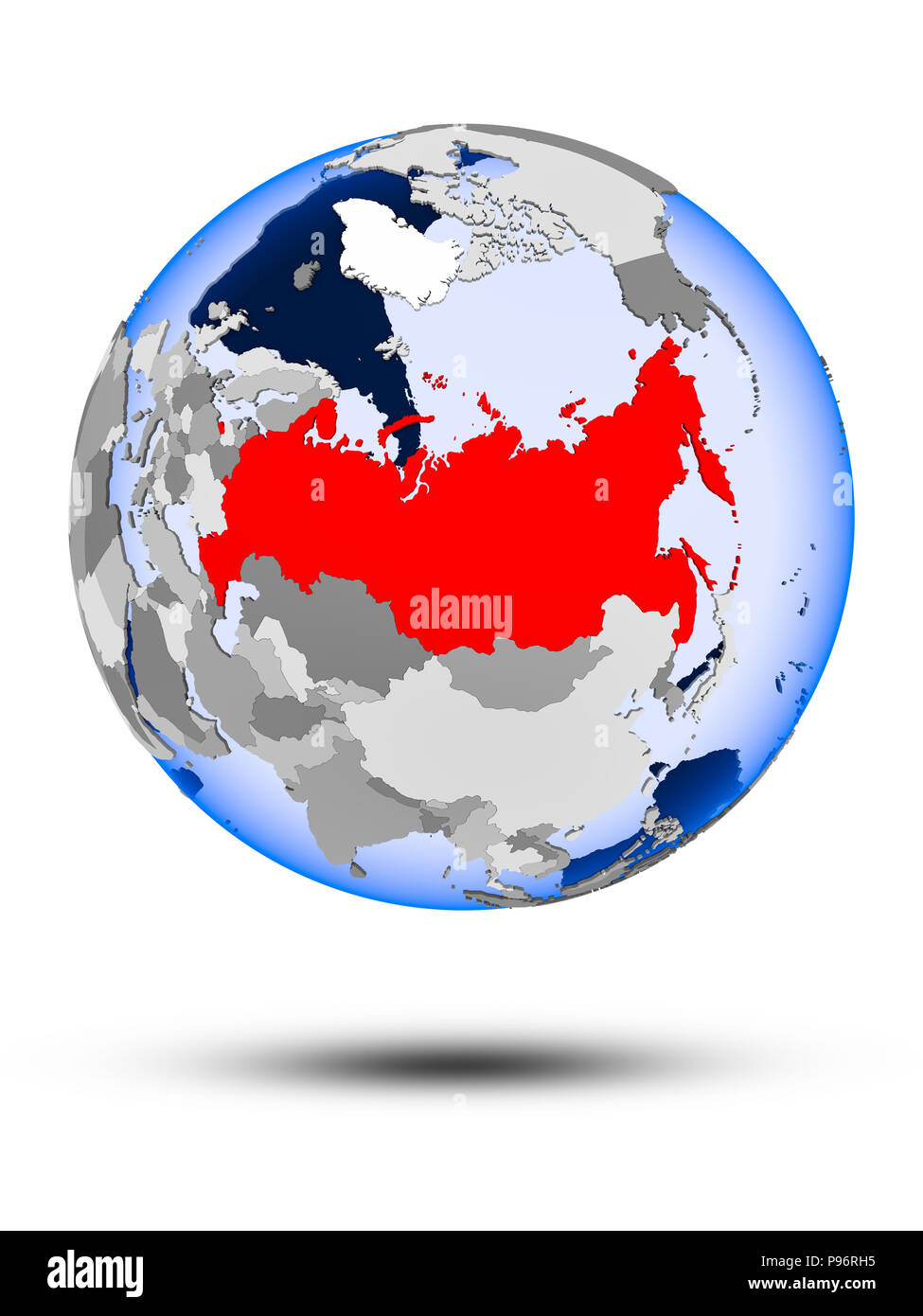 Russia on political globe with shadow and translucent oceans isolated ...