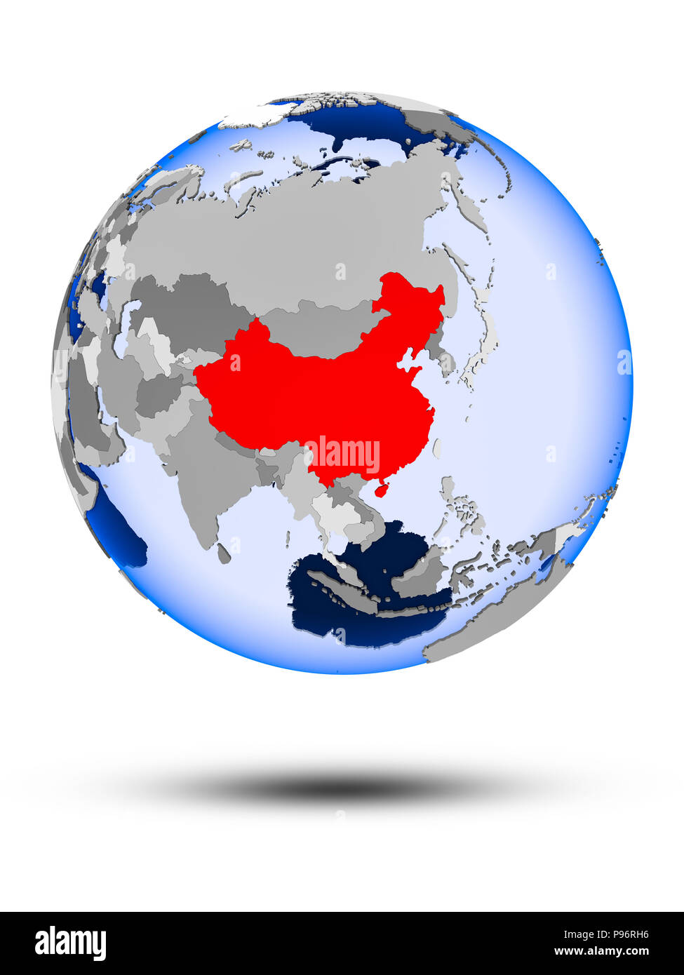 China on political globe with shadow and translucent oceans isolated on ...