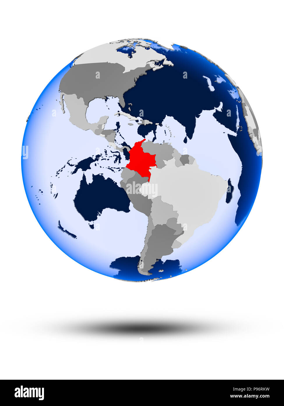 Colombia on political globe with shadow and translucent oceans isolated ...